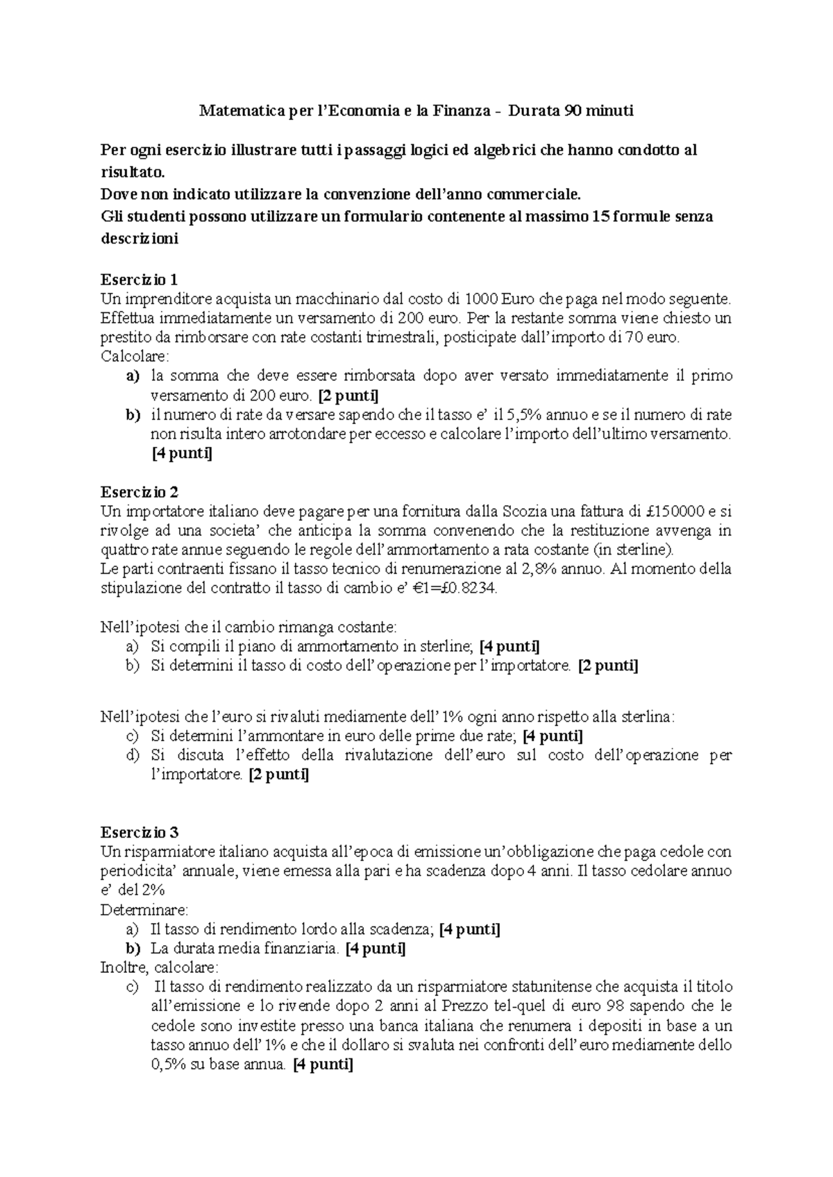 Fac simile esame Prova 2 a 2024-soluzioni - Matematica per l’Economia e ...