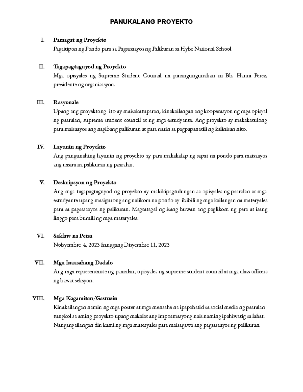 Mga Parte ng Panukalang Proyetkto - PANUKALANG PROYEKTO I. Pamagat ng ...