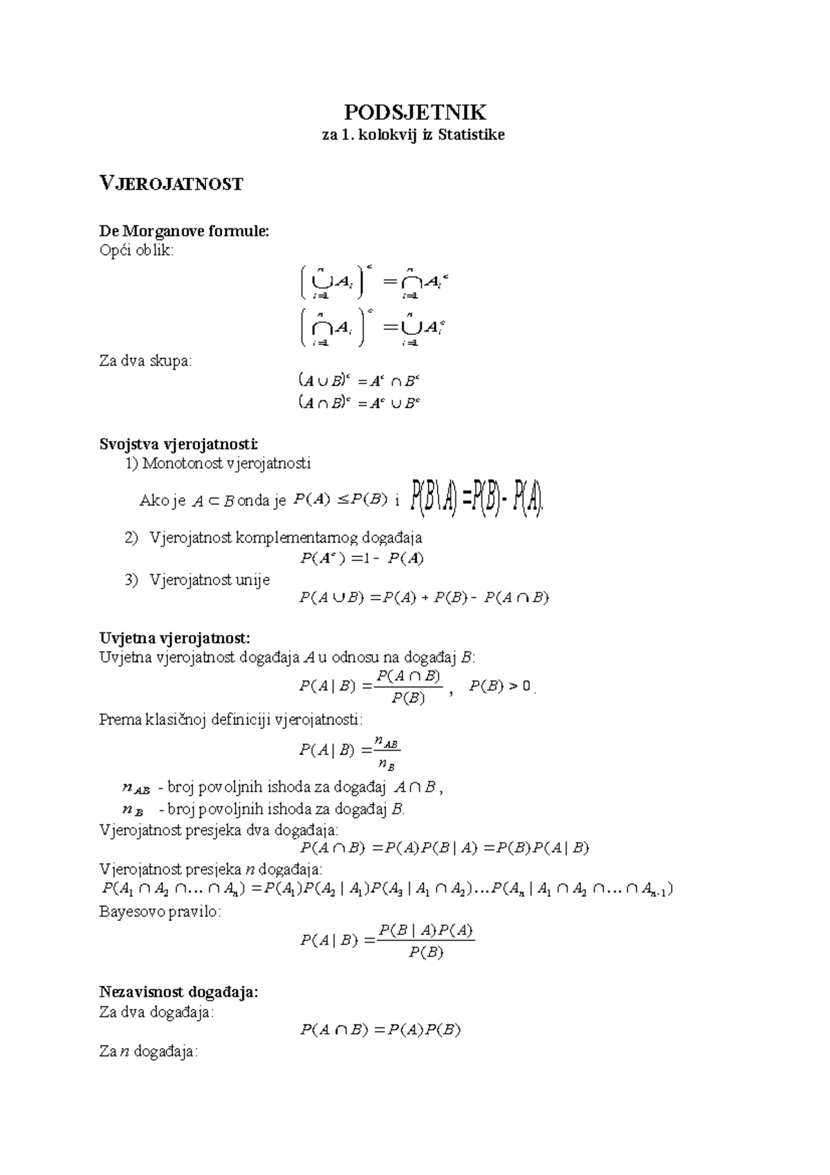 Formule za statistiku 1. kolokvij - PODSJETNIK za 1. kolokvij iz ...