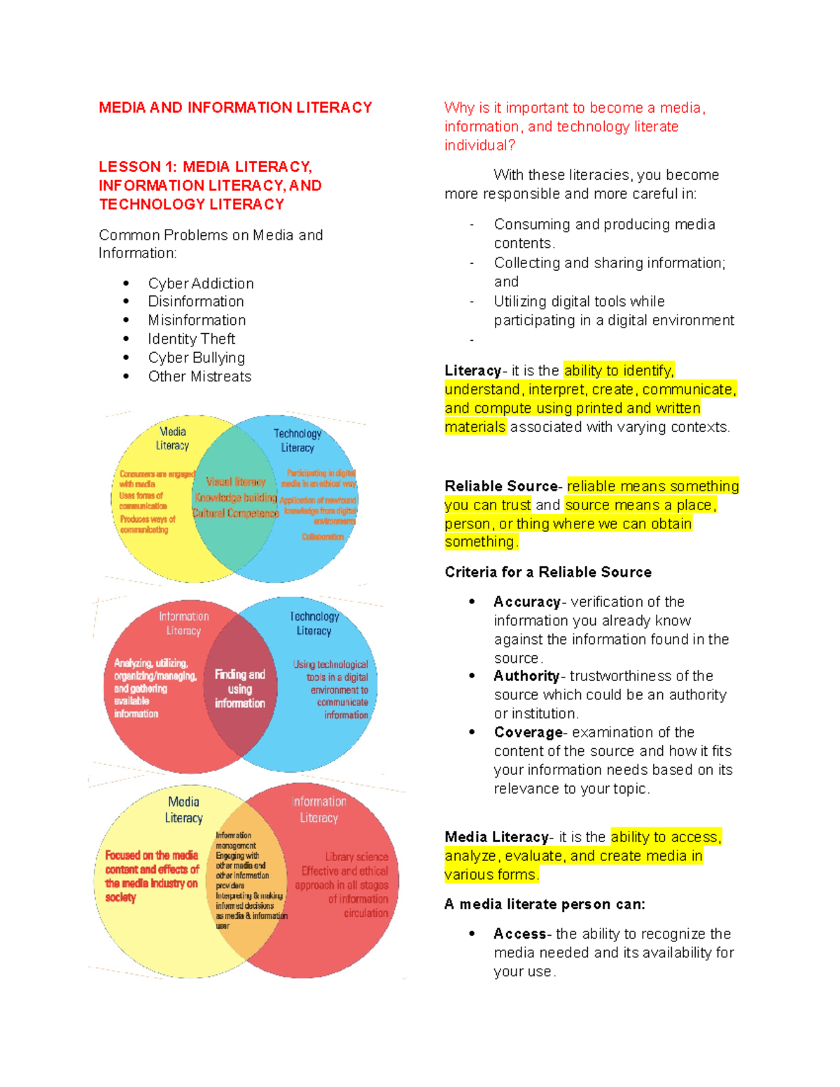 Media AND Information Literacy - MEDIA AND INFORMATION LITERACY LESSON ...