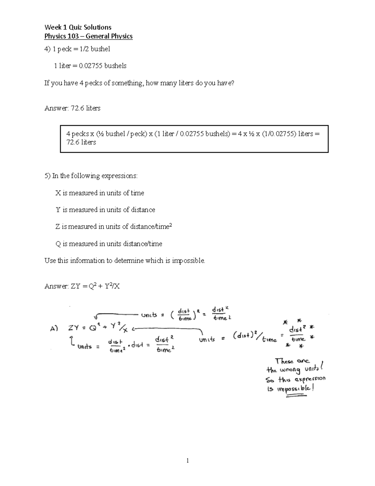 103 Week 1 Quiz Solutions - Week 1 Quiz Solutions Physics 103 – General Physics 1 1 peck = 1/2 ...