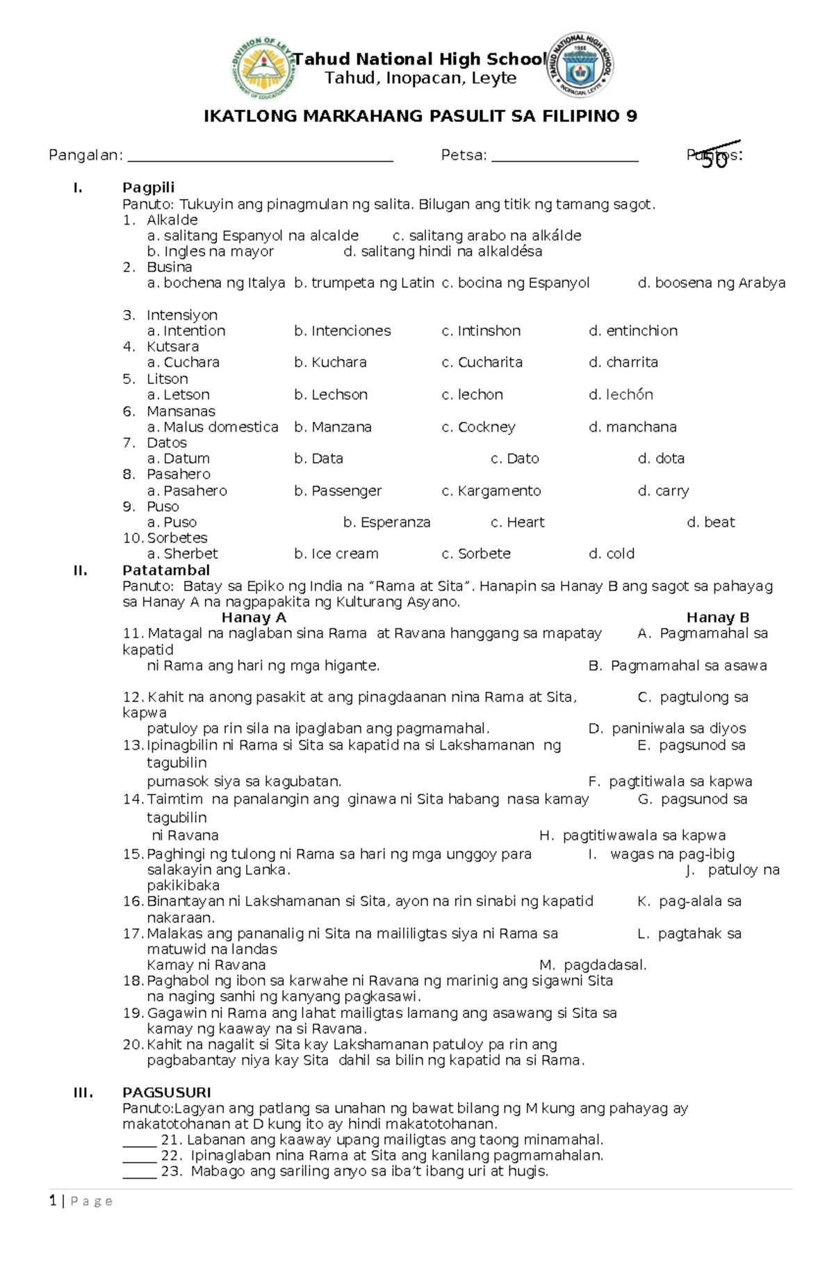 442208308 grade 9 3rd quarter filipino test - Tahud National High ...