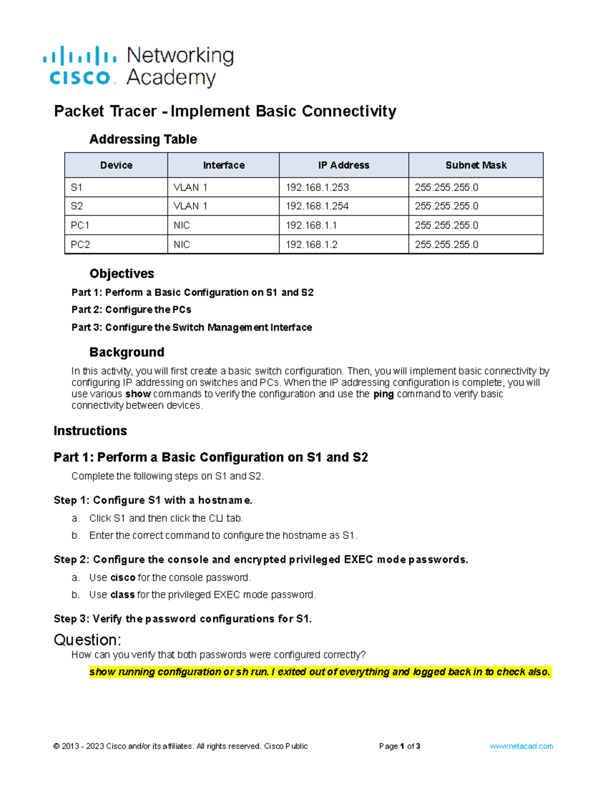 2.7.6 Steps - Implement Basic Connectivity - Packet Tracer - Implement ...