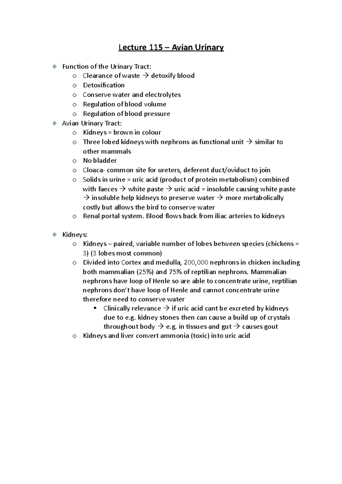 Lecture 115 – Avian Urinary - Lecture 115 – Avian Urinary Function of ...