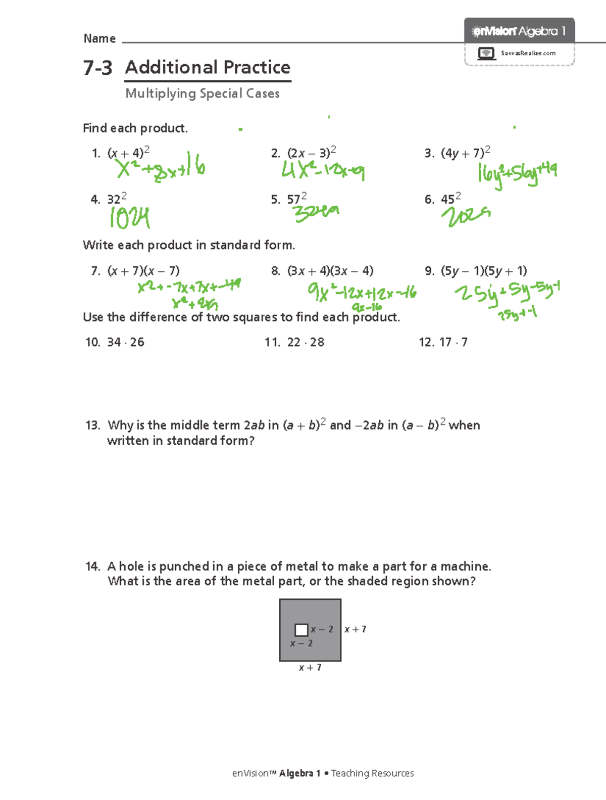 Multiplying Special Case Polynomials Name Savvasrealize 7 3