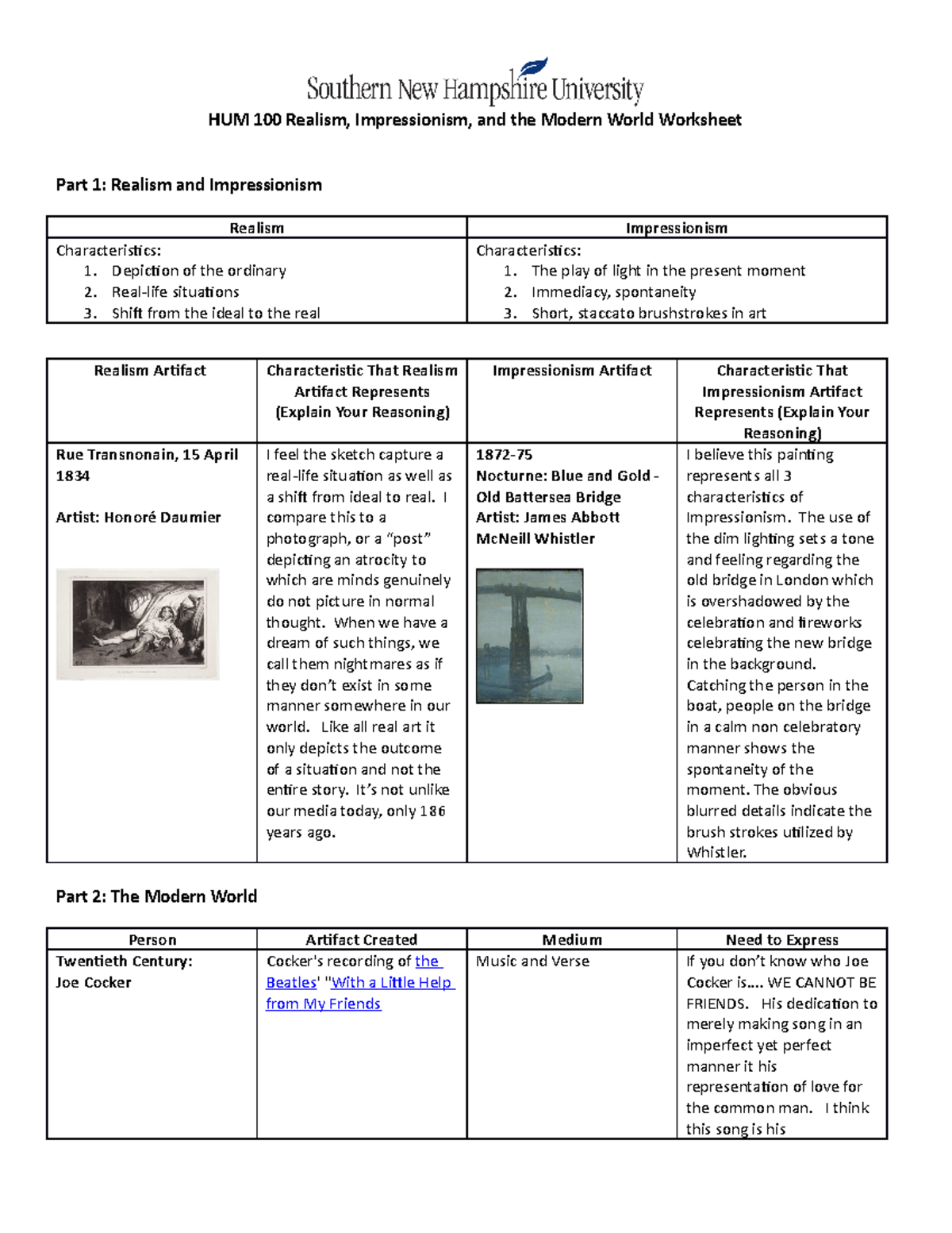 6-3 HUM 100 Realism Impressionism and the Modern World Worksheet Moberg ...