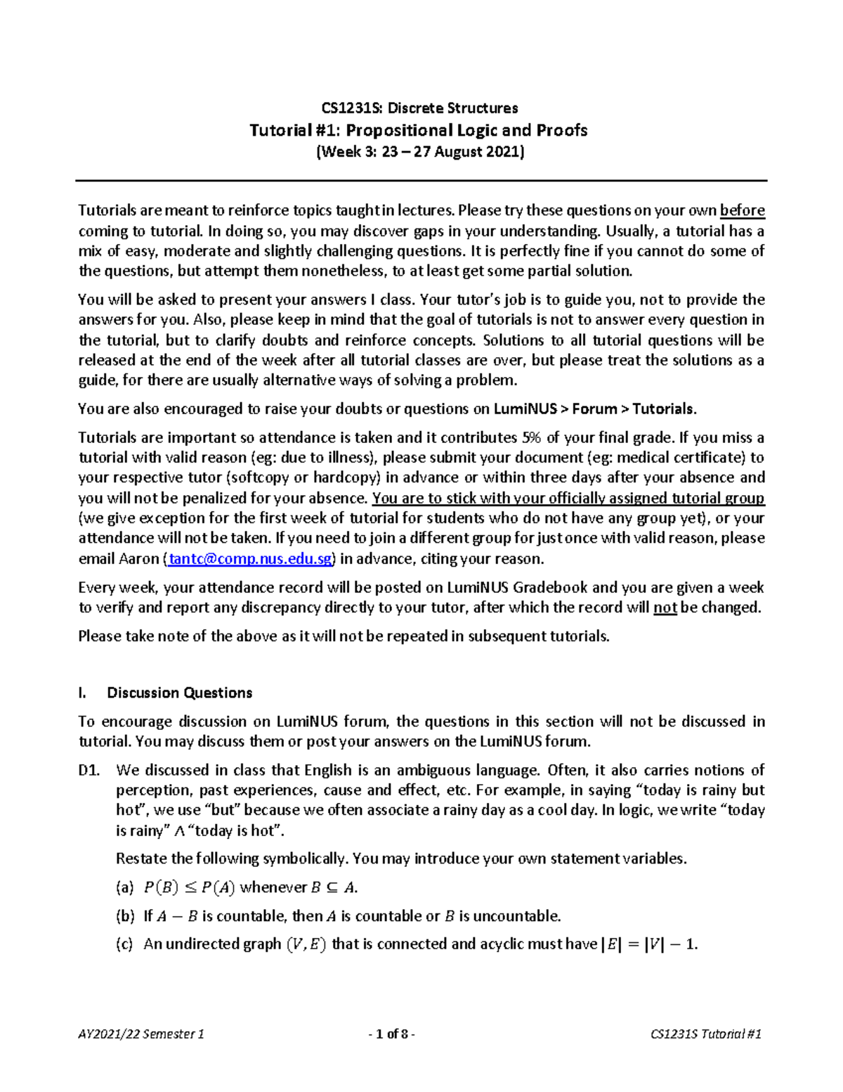Tutorial 01 Qns 2021 2022 Cs1231s Discrete Structures Tutorial 1 Propositional Logic And