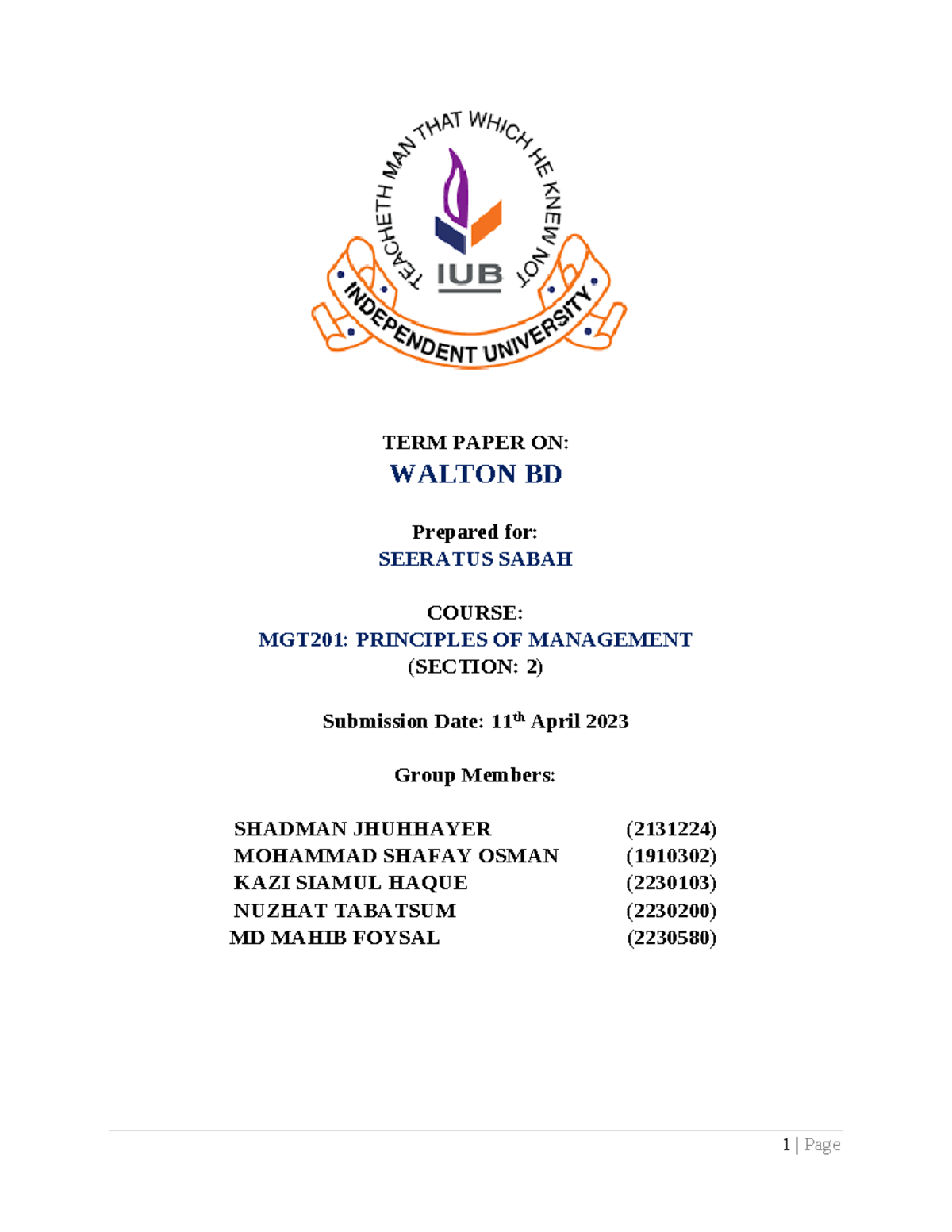 TERM Paper on Walton BD MKT201 pdf - TERM PAPER ON: WALTON BD Prepared ...