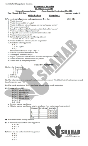 CC CS 2020 - BS 7th Term Exam Paper - compiler construction - Studocu