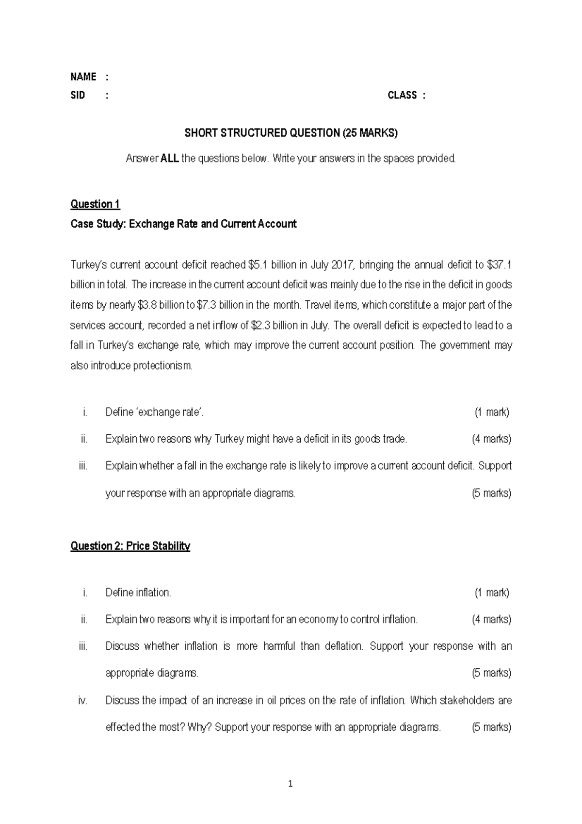 QUIZ 2 - Q - ECONS Practice - 1 NAME : SID : CLASS : SHORT STRUCTURED ...