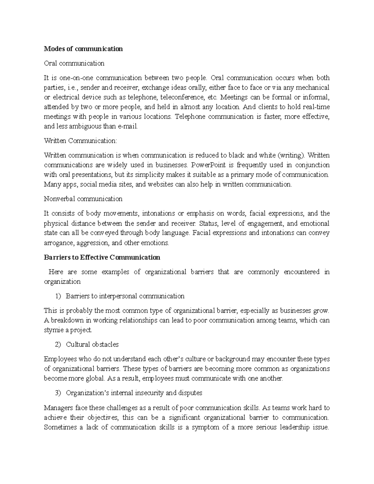 Communication - Assignment - Modes of communication Oral communication ...