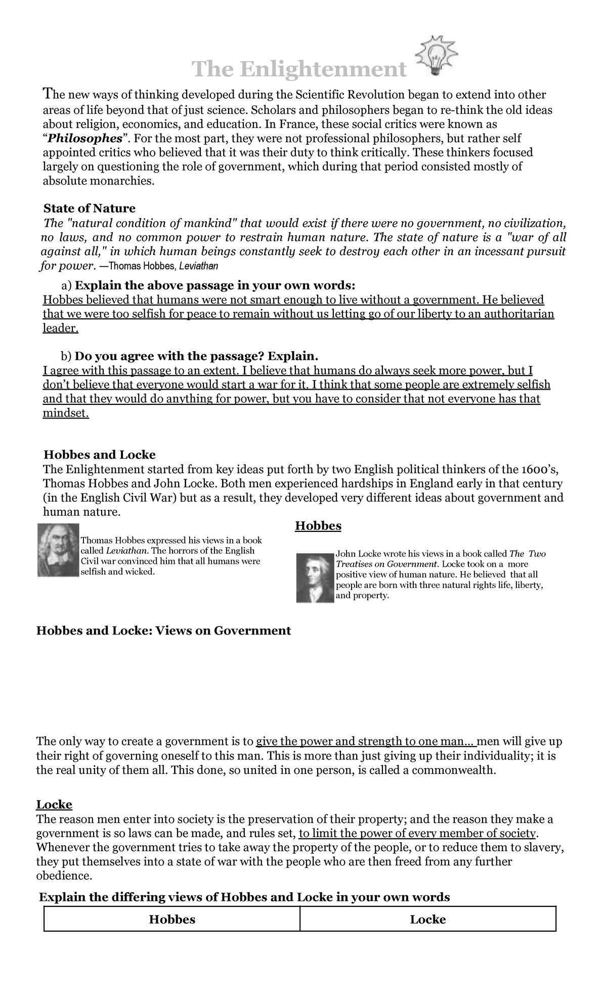 Locke and Hobbes - The Enlightenment - The Enlightenment The new ways ...