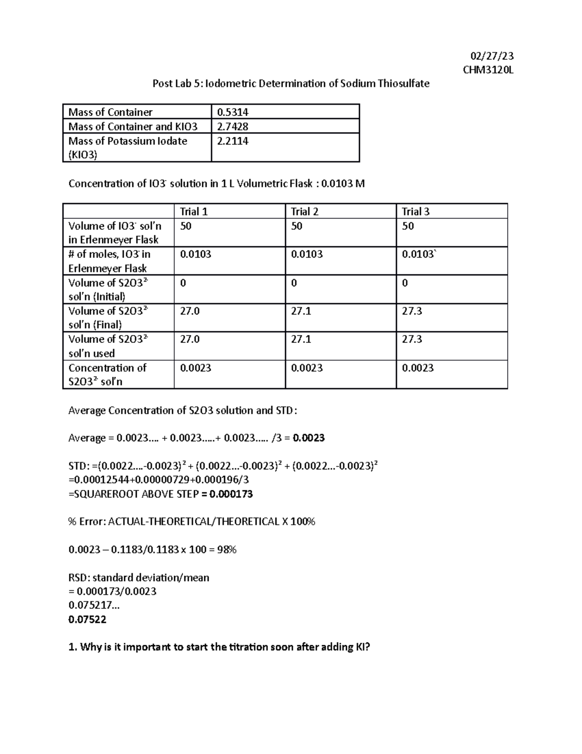 Post Lab 5 - Post Lab 5 - 02/27/ CHM3120L Post Lab 5: Iodometric ...