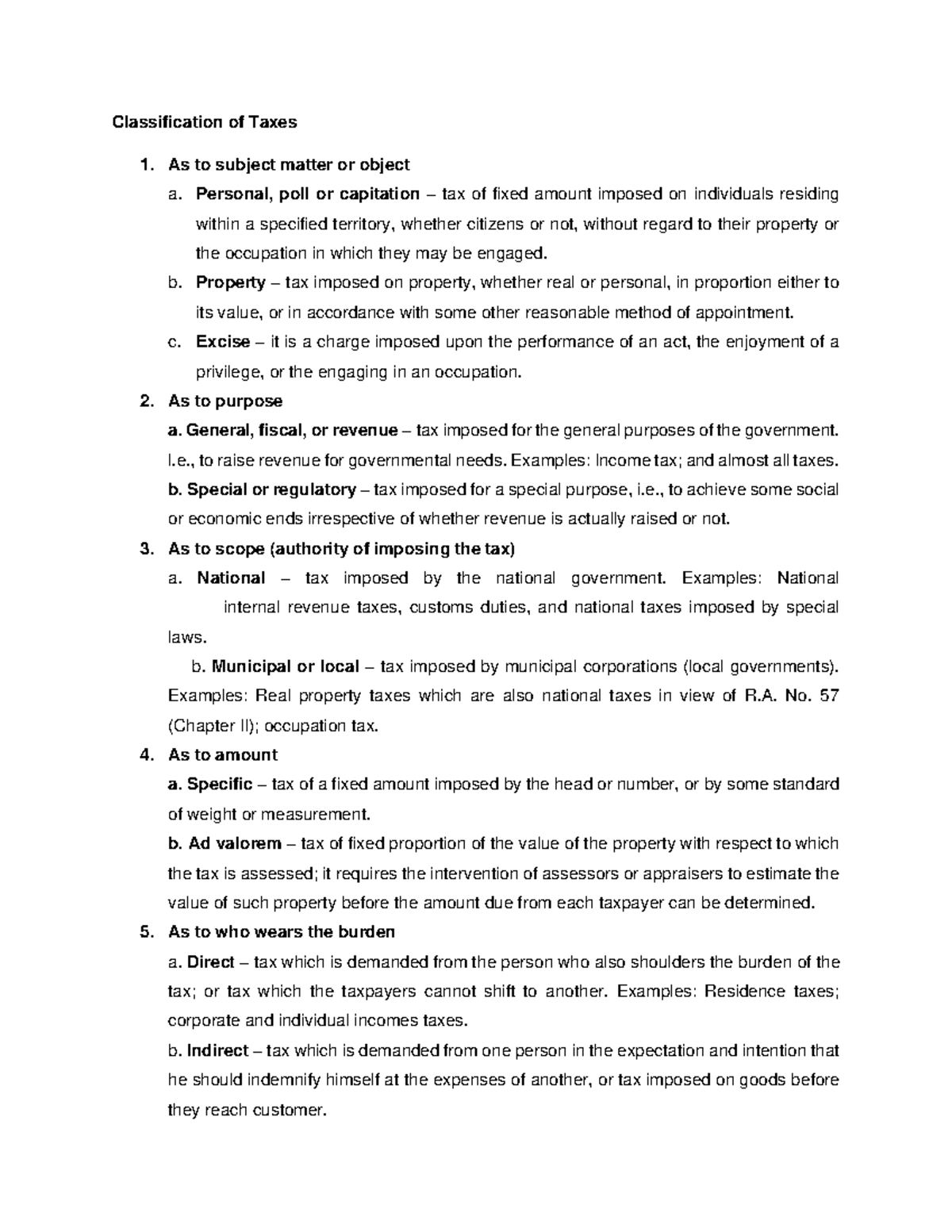 Classification of Taxes - As to subject matter or object a. Personal ...
