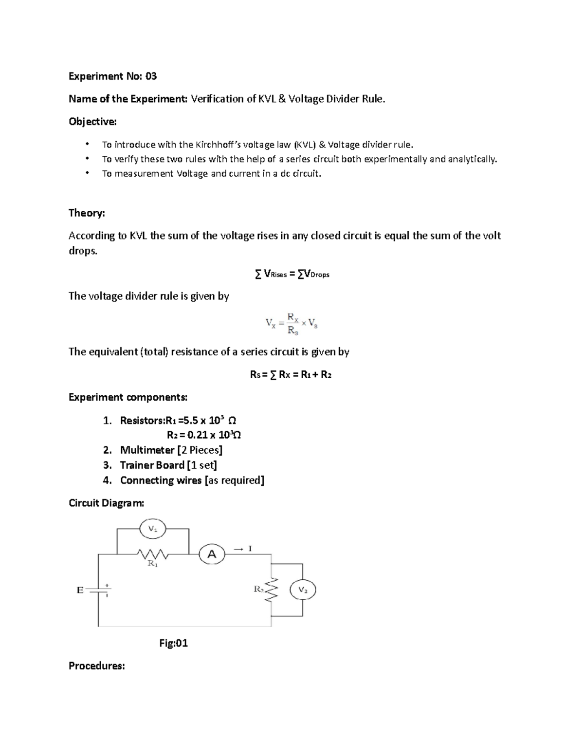 Verification of kvl - Experiment No: 03 Name of the Experiment ...