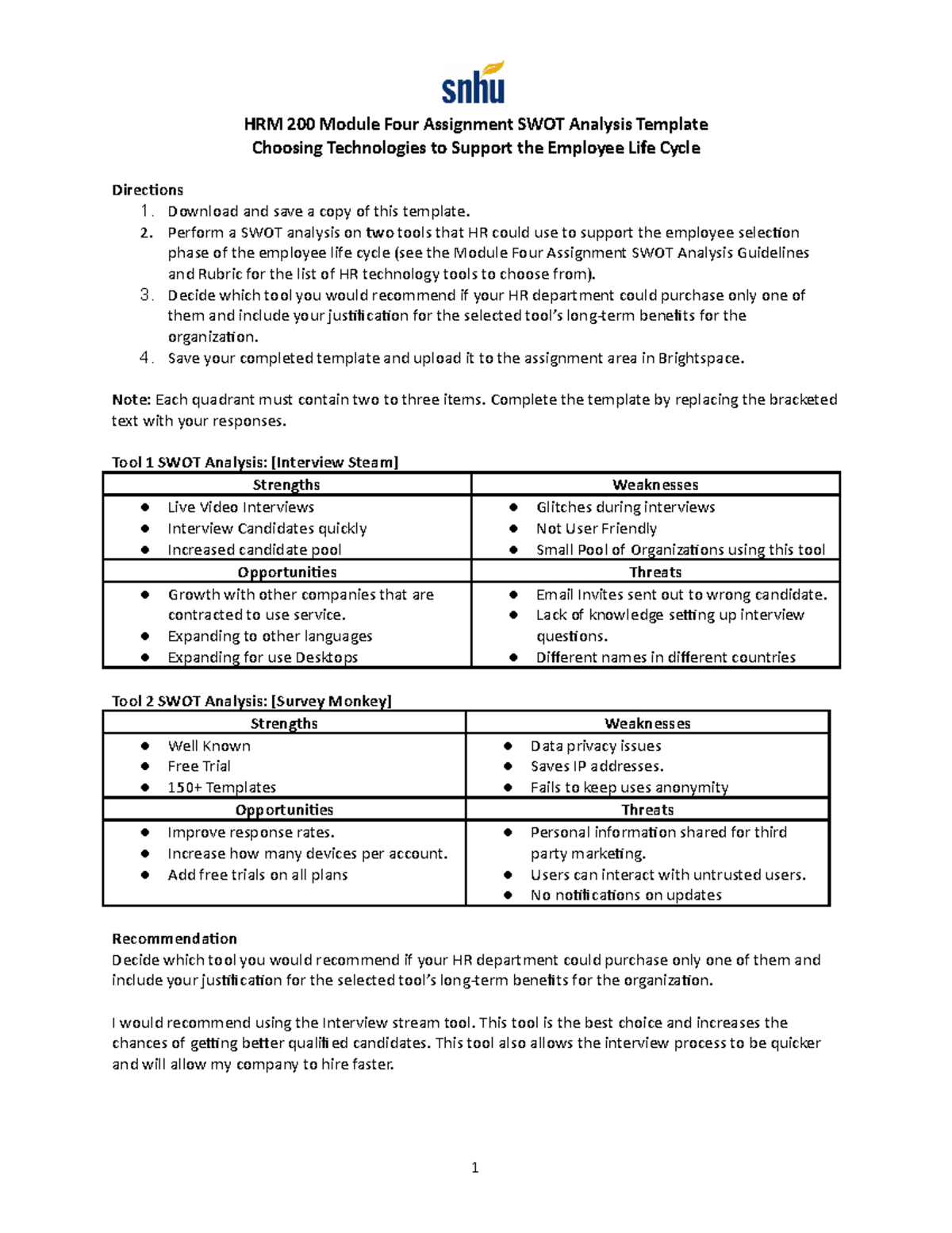 HRM 200 Module Four Assignment SWOT Analysis Template - Download and ...