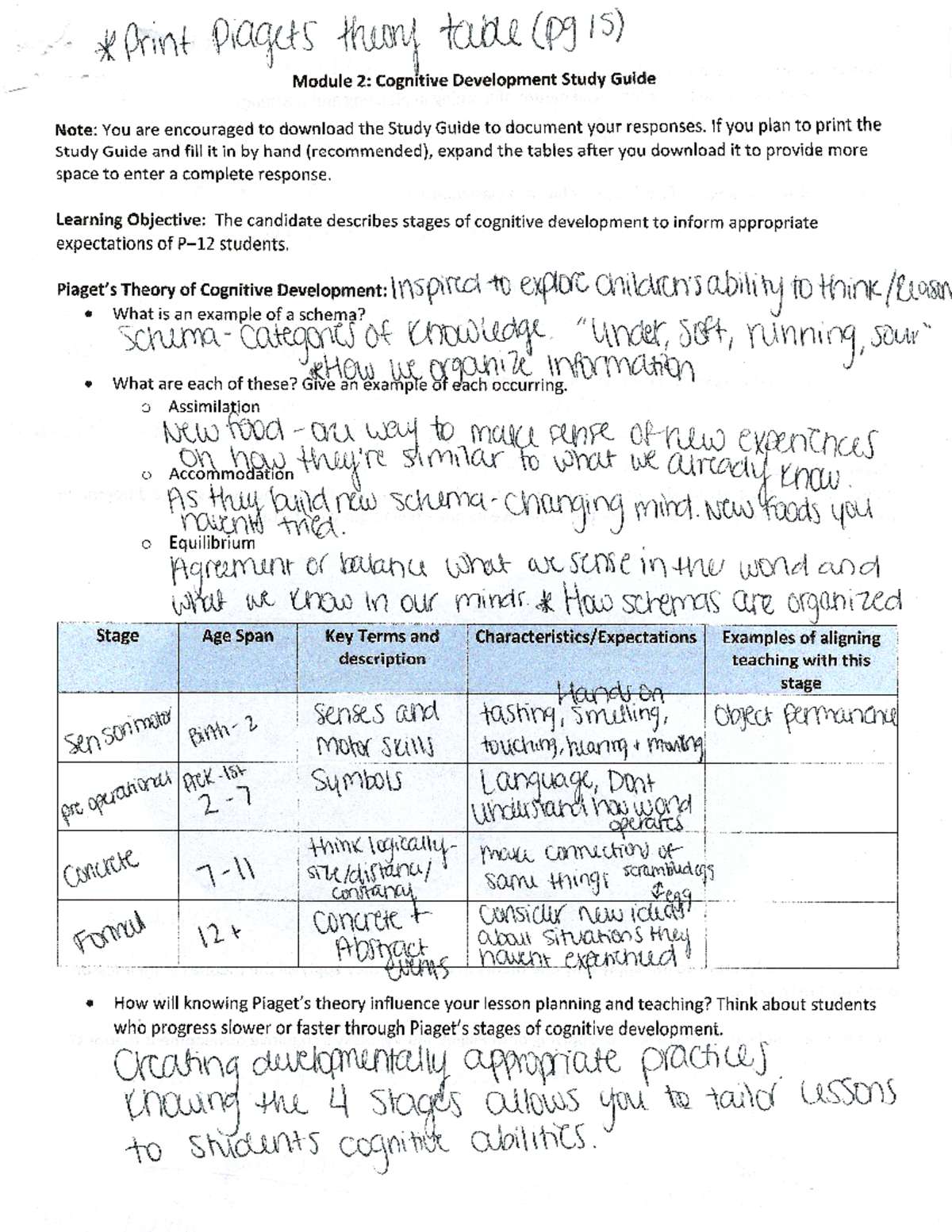 Study Guides D094 - Print Piagets theory table (pg 1 is) Module 2: Cognitive Development Study ...