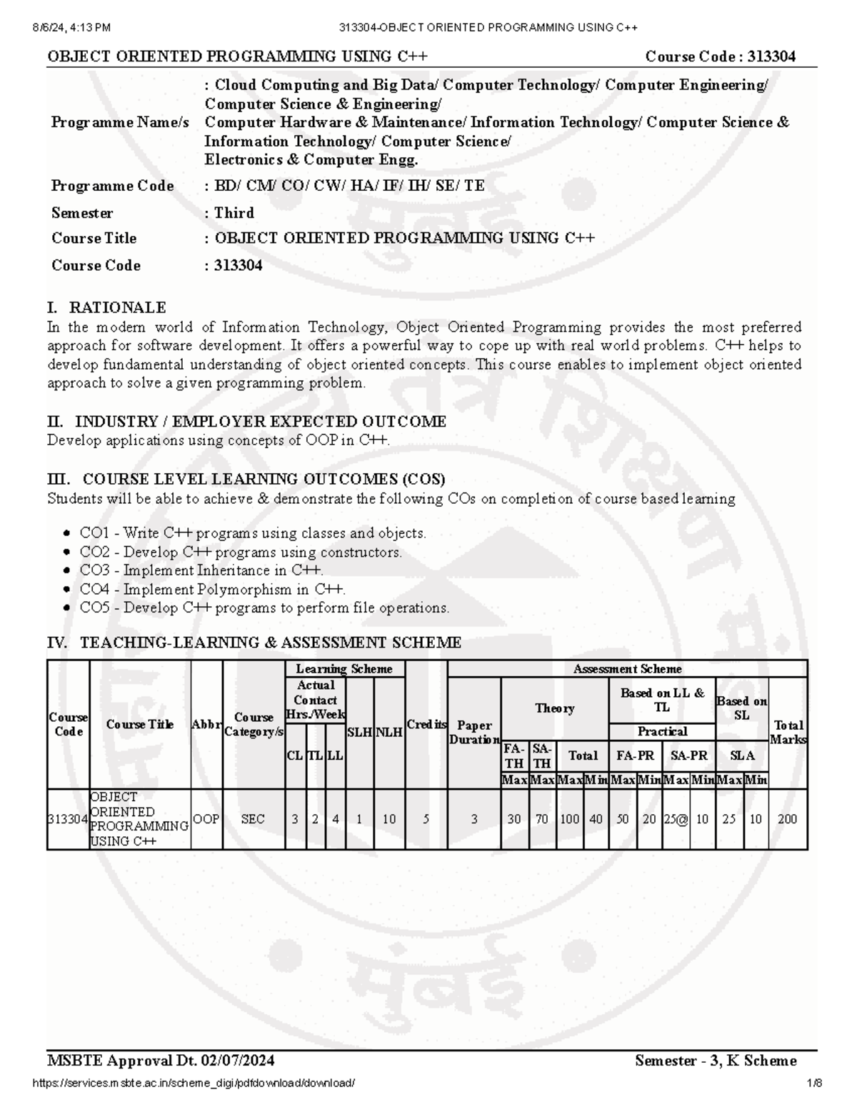 313304- Object Oriented Programming Using C++ - OBJECT ORIENTED PROGRAMMING USING C++ Course ...