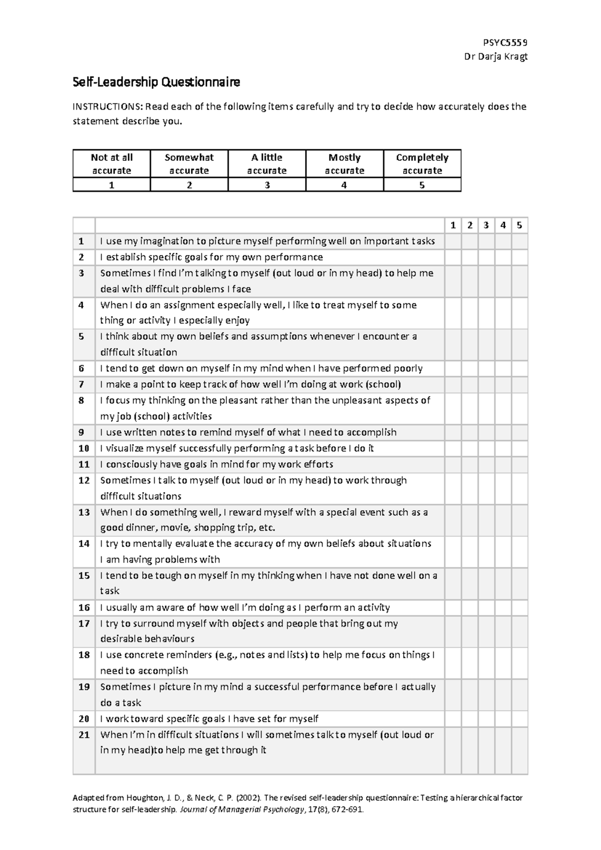 Week 4 Self-leadership assessment - PSYC Dr Darja Kragt Adapted from ...