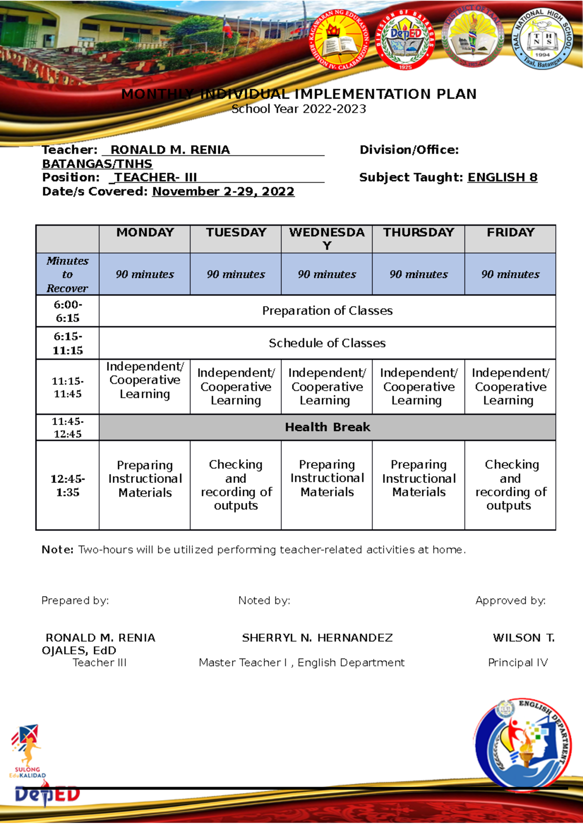 Ronald - lecture - MONTHLY INDIVIDUAL IMPLEMENTATION PLAN School Year 2022- Teacher: RONALD M ...