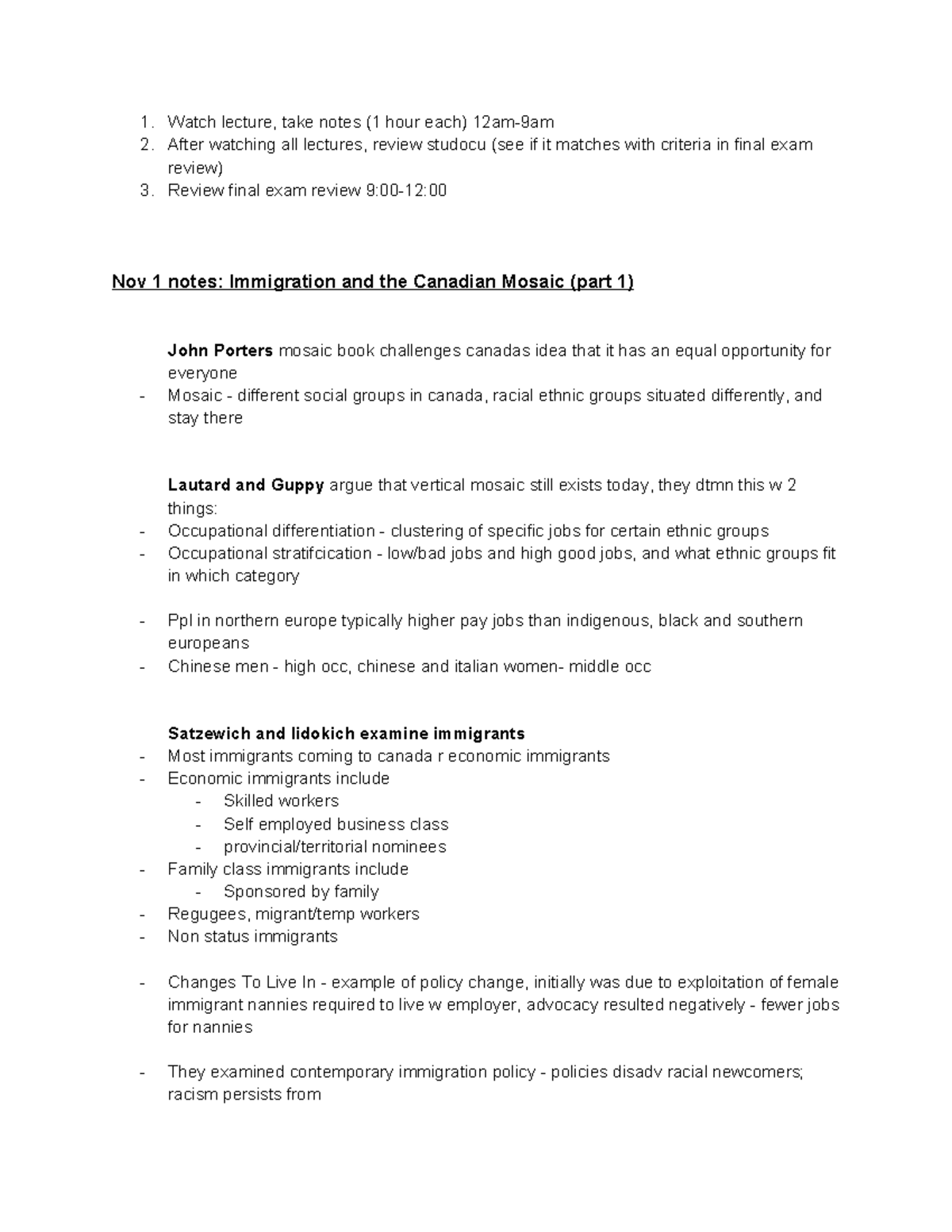 SOCIOL 1C03 Final Exam - 1. Watch lecture, take notes (1 hour each ...