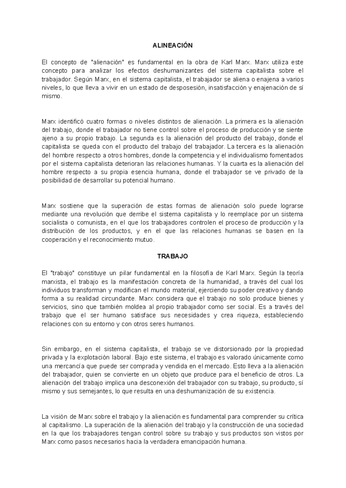 MARX - ALINEACIÓN El concepto de "alienación" es fundamental en la obra ...