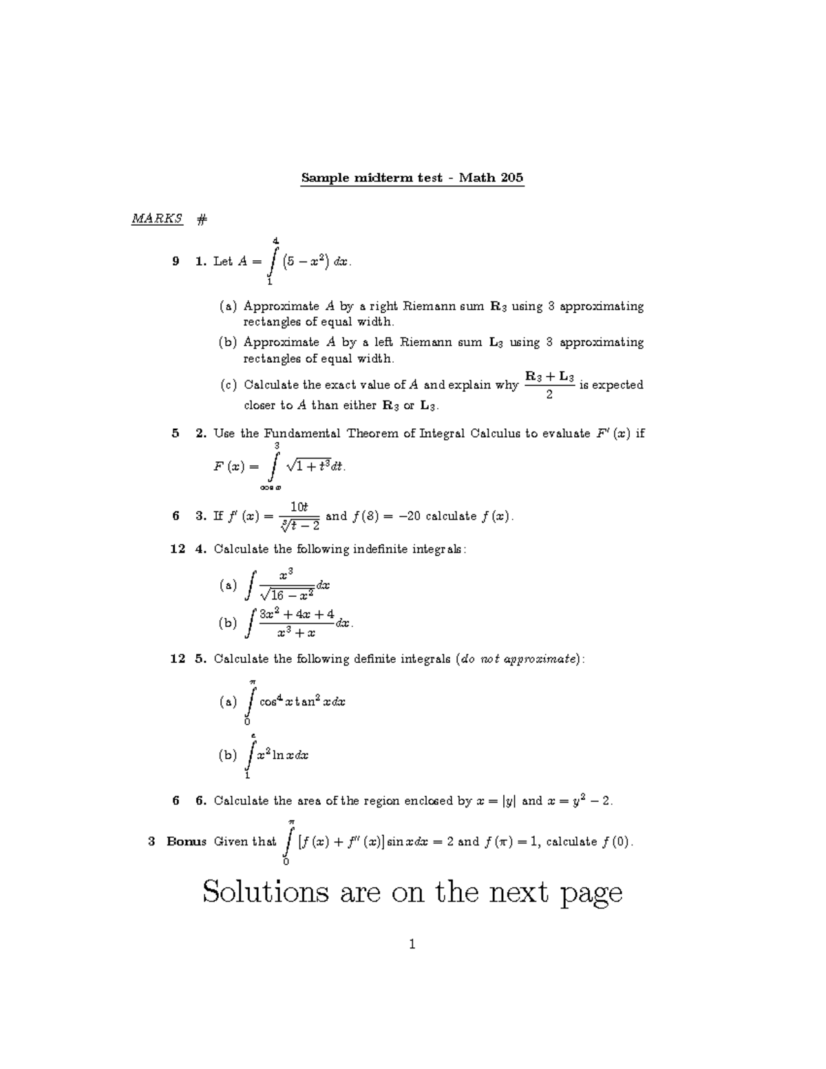 2015 Sample Midterm - Sample midterm test - Math 205 MARKS 9 1. Let A ...