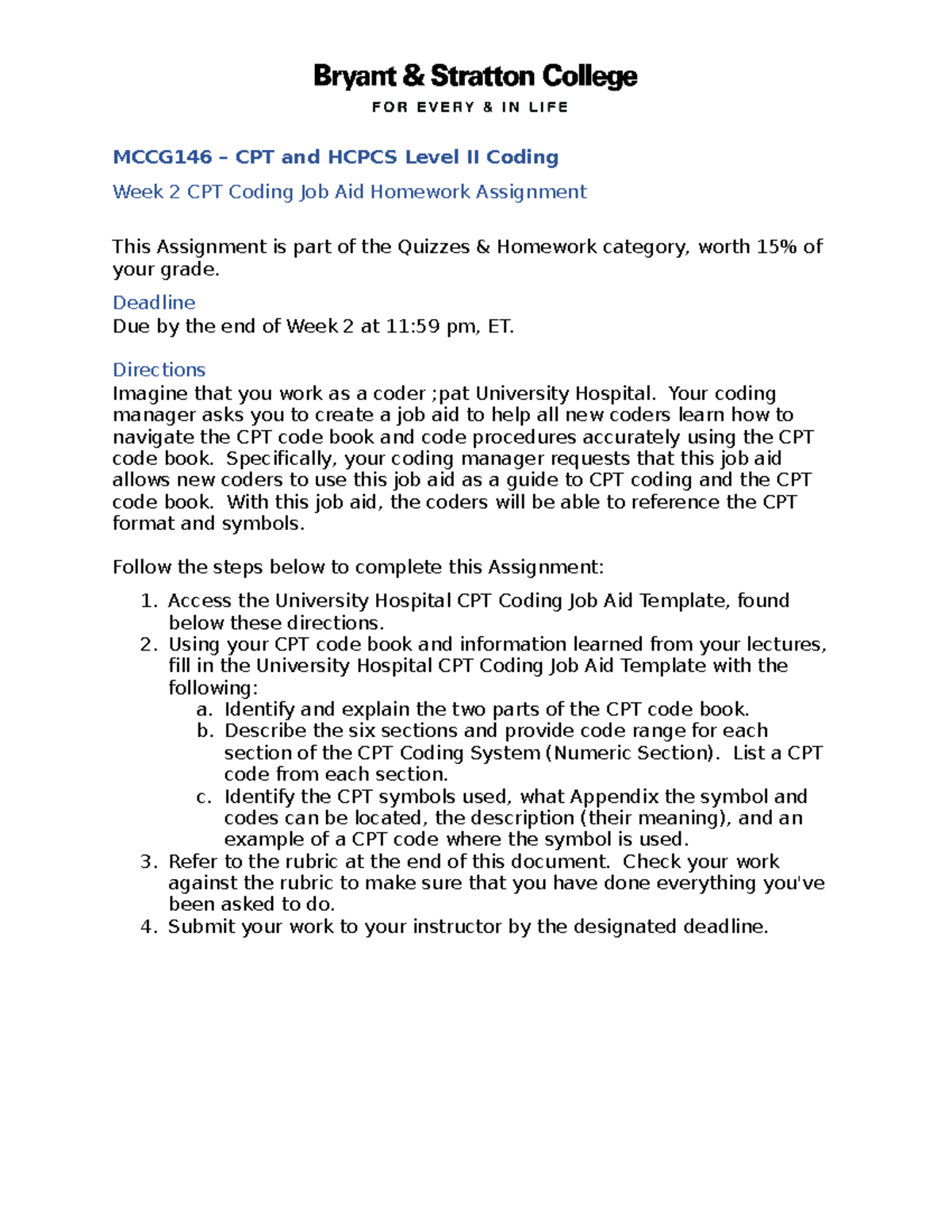 MCCG146 - Week 2 CPT Coding Job Aid Homework Assignment - MCCG146 – CPT ...