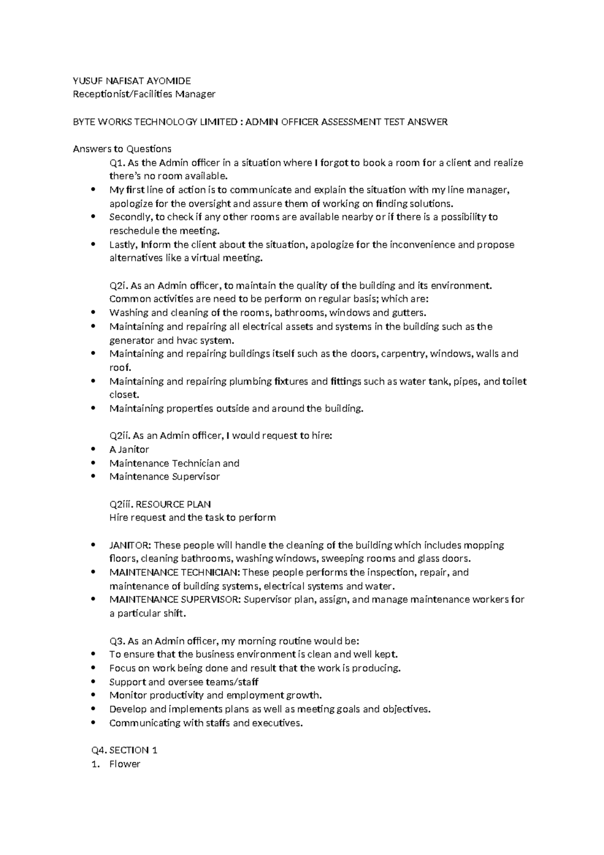 Admin assessment test Answer Document - YUSUF NAFISAT AYOMIDE ...