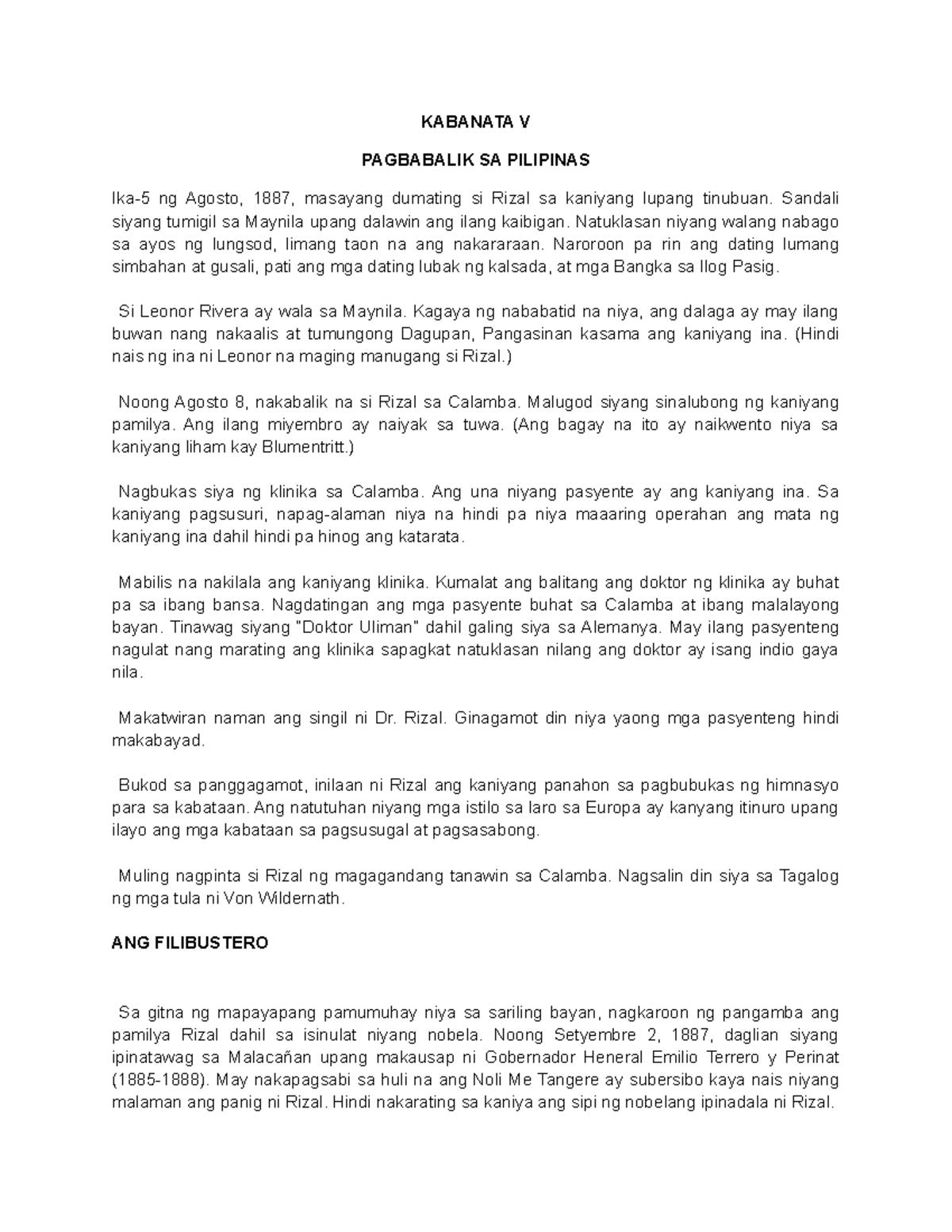 Chapter 5 - Life and works of rizal quiz - KABANATA V PAGBABALIK SA ...