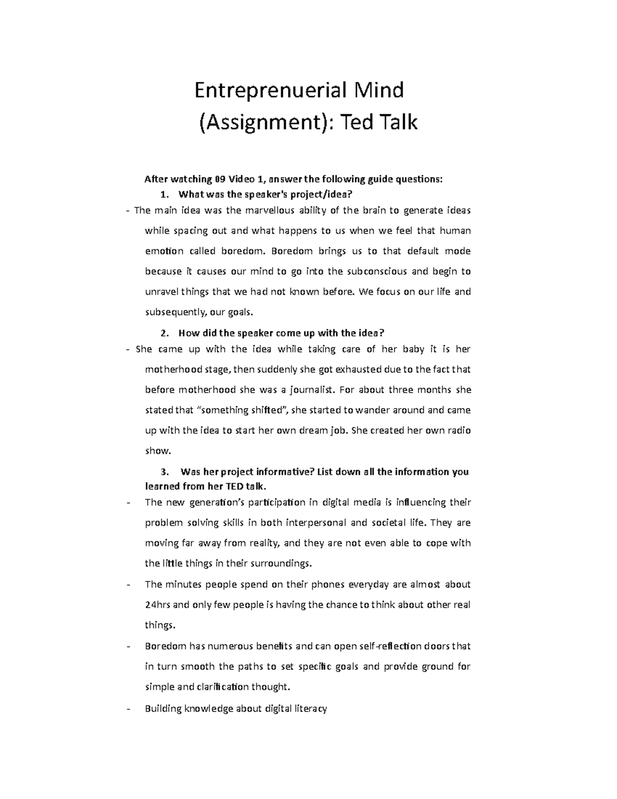 Tedtalk Entrep - Entreprenuerial Mind (Assignment): Ted Talk After ...