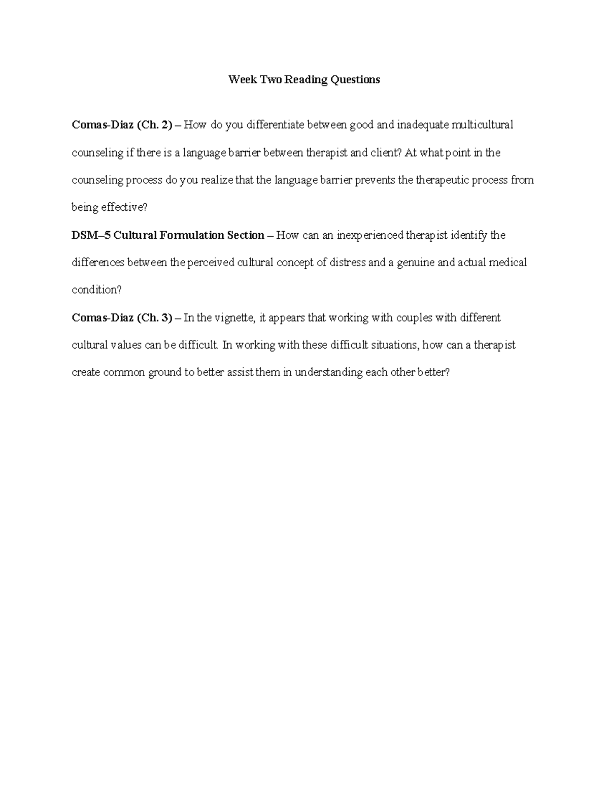 Week Two Reading Questions - Week Two Reading Questions Comas-Diaz (Ch. 2) – How do you - Studocu