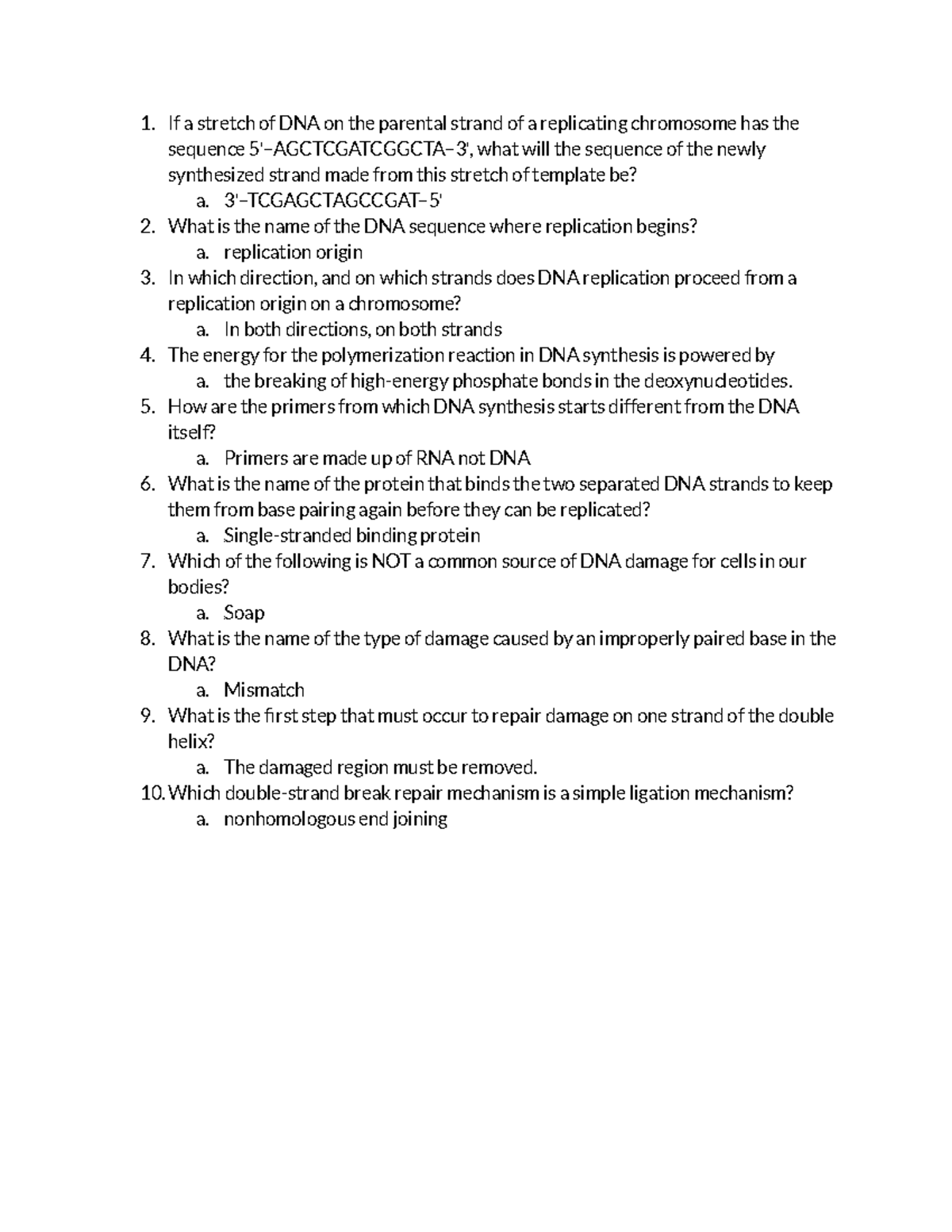 Ch. 6 reading quiz - CH. 6 - DNA replication, repair, and recombination ...