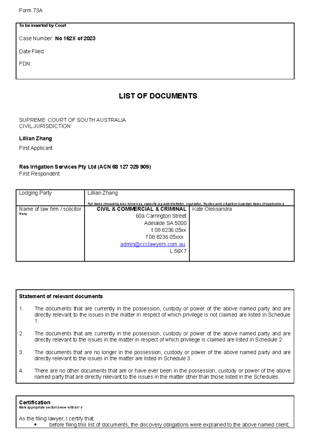 Form 73A List of Documents - Physical Protocol Lillian Zhang-1 - To be ...