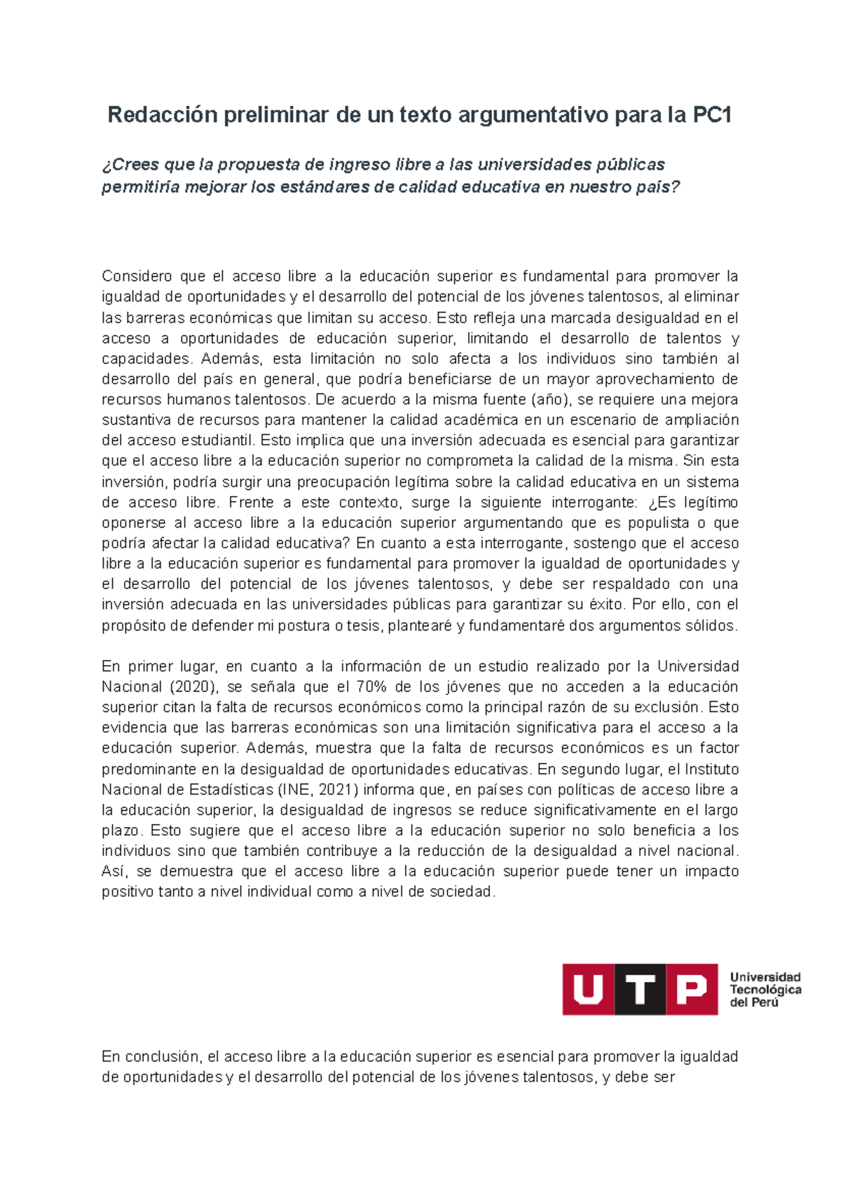 Redacción preliminar de un texto argumentativo para la PC1 - Redacción preliminar de un texto ...