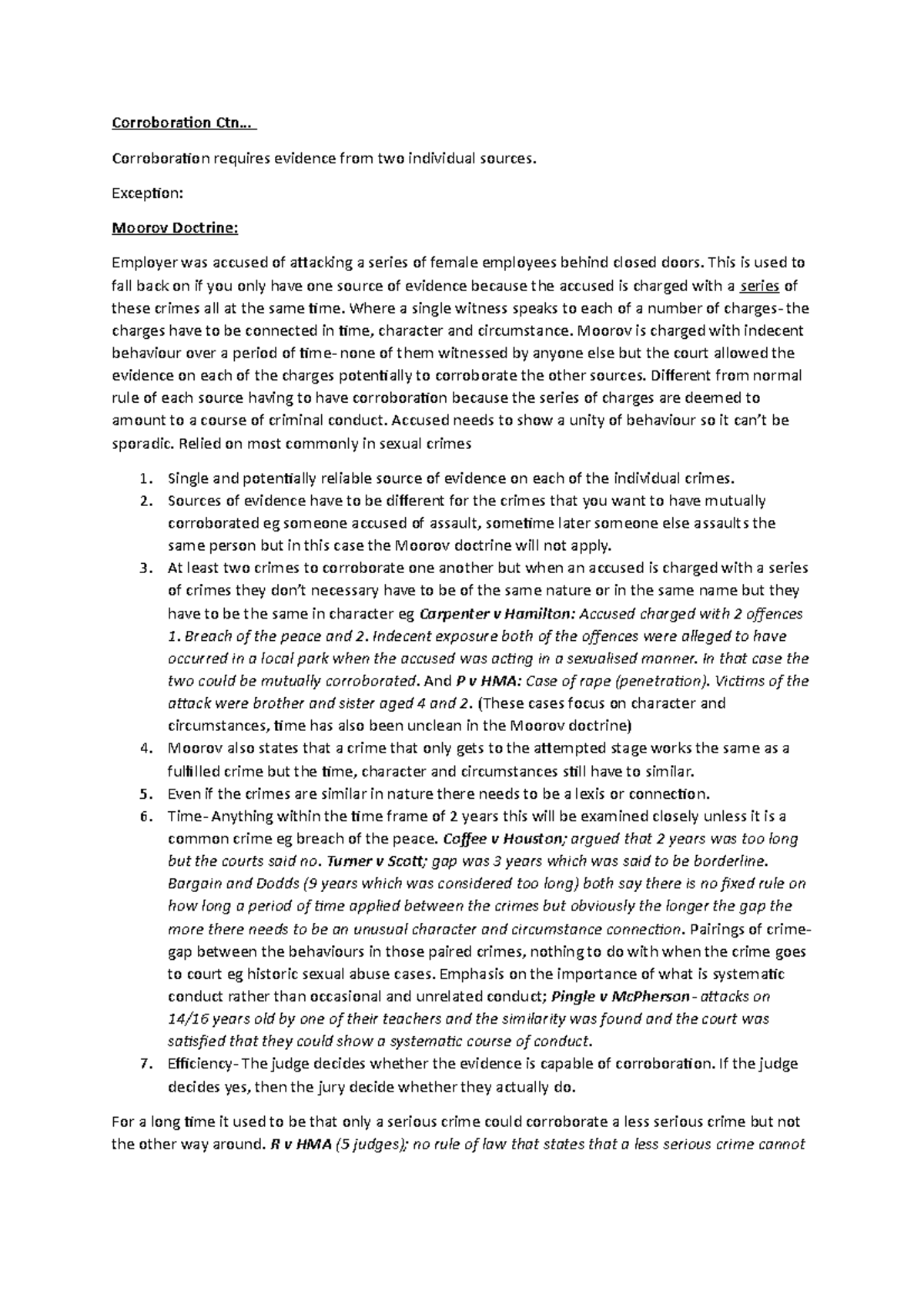 Evidence- lecture 6 corroboration Moorov Doctrine - Corroboration Ctn ...