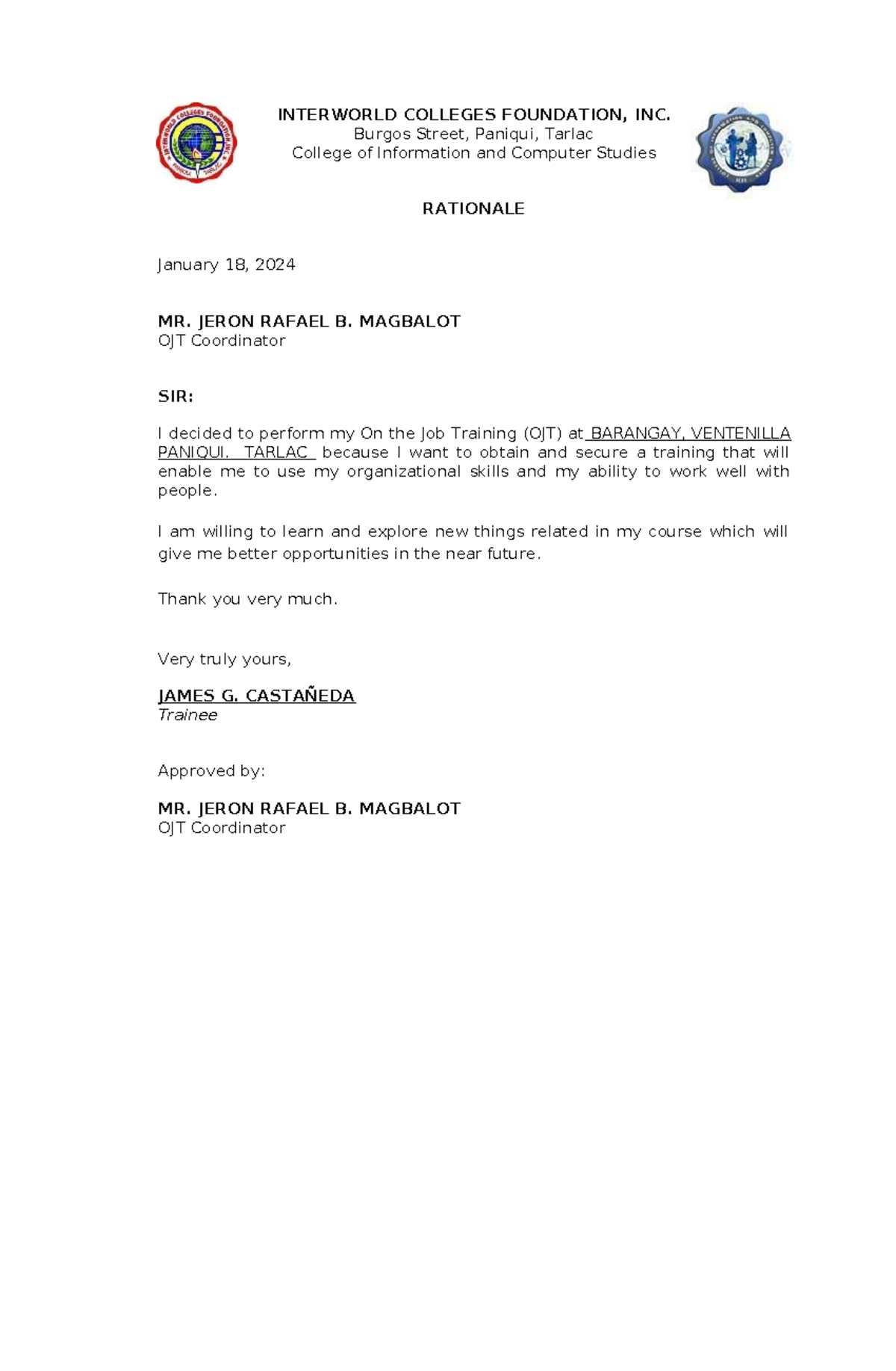 1 - ojt - INTERWORLD COLLEGES FOUNDATION, INC. Burgos Street, Paniqui ...