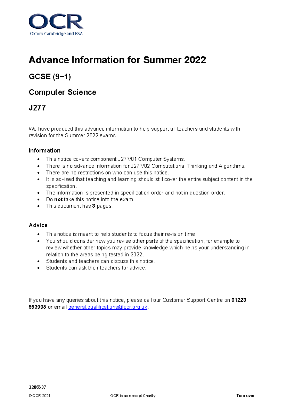 J277 GCSE Computer Science Advance Information Jun2022 - 1286537 © OCR ...