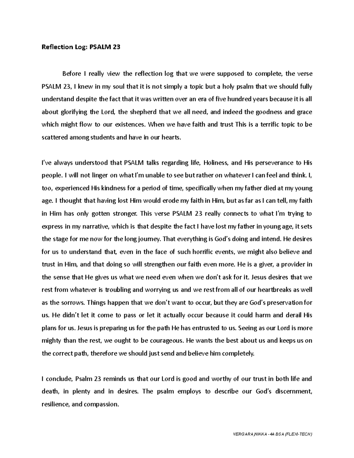 Week 2 - Reflection Log- Psalm 23 ( Vergara Nikka) - Reflection Log ...