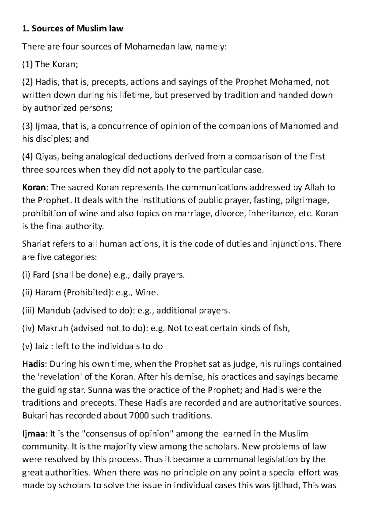 Family law - II ( Muslim law ) notes - Sources of Muslim law There are ...