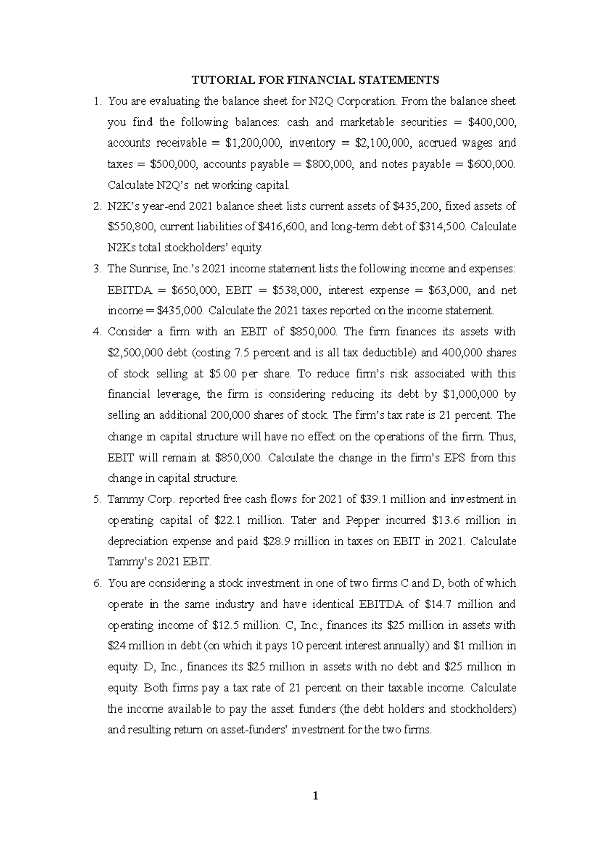 Practice Exercise Financial Statement Tutorial For Financial