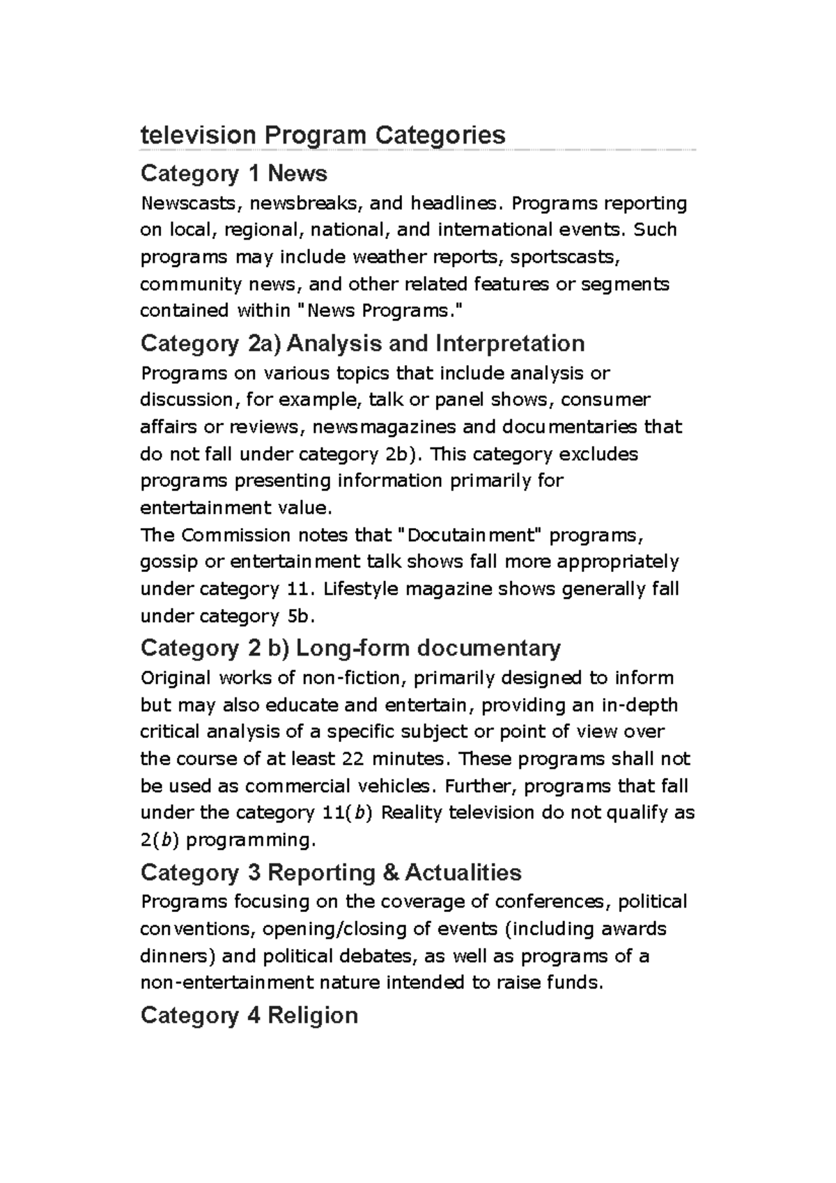 Elevision Program Categories - television Program Categories Category 1 ...