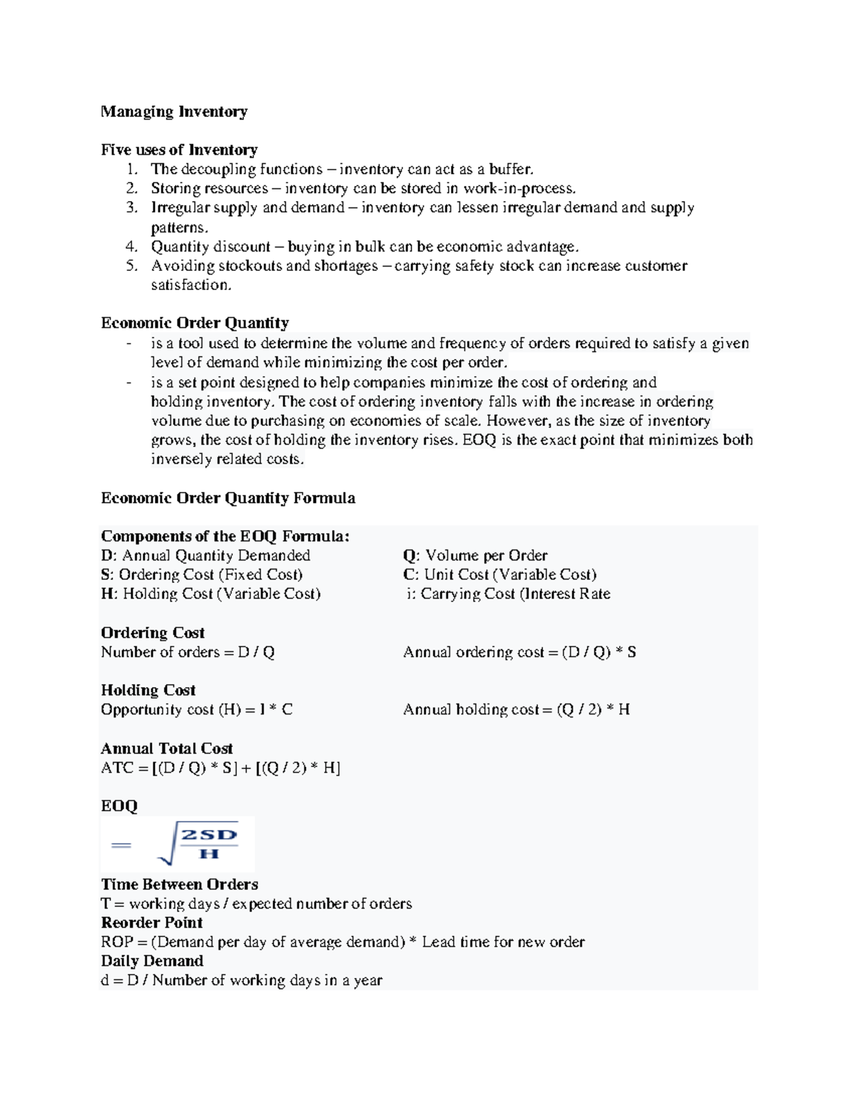 Managing Inventory - Lecture - Managing Inventory Five uses of ...