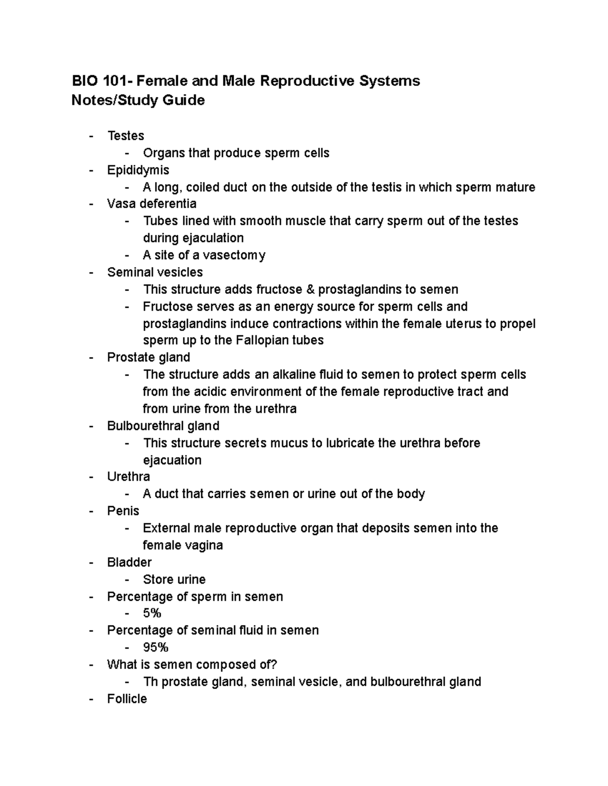 BIO 101- Female and Male Reproductive Systems - BIO 101- Female and ...