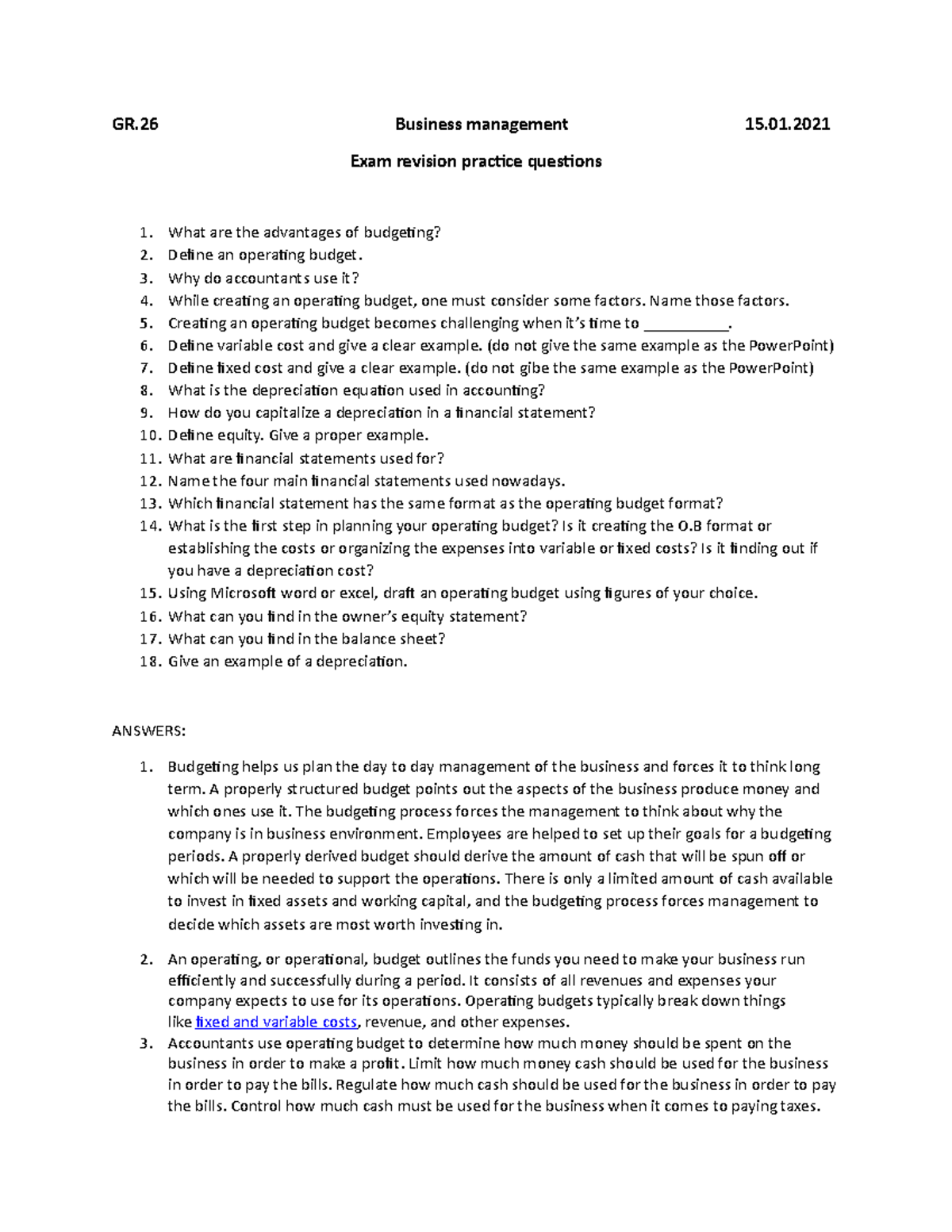 Operating budget exam notes - GR Business management 15. Exam revision ...