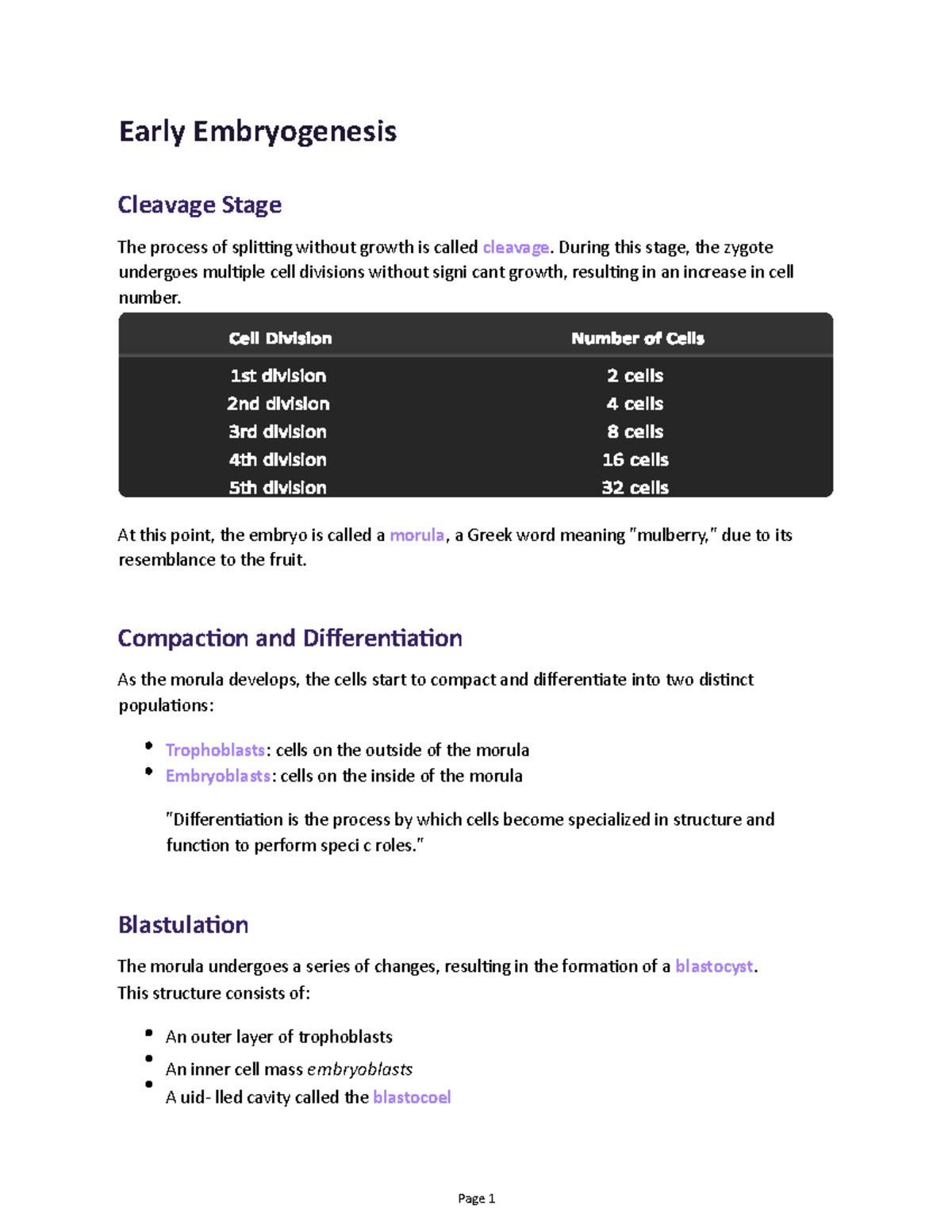 Anatomy CYO L1 - Summarise note of L1early embryogenesis stages and processes - Early ...