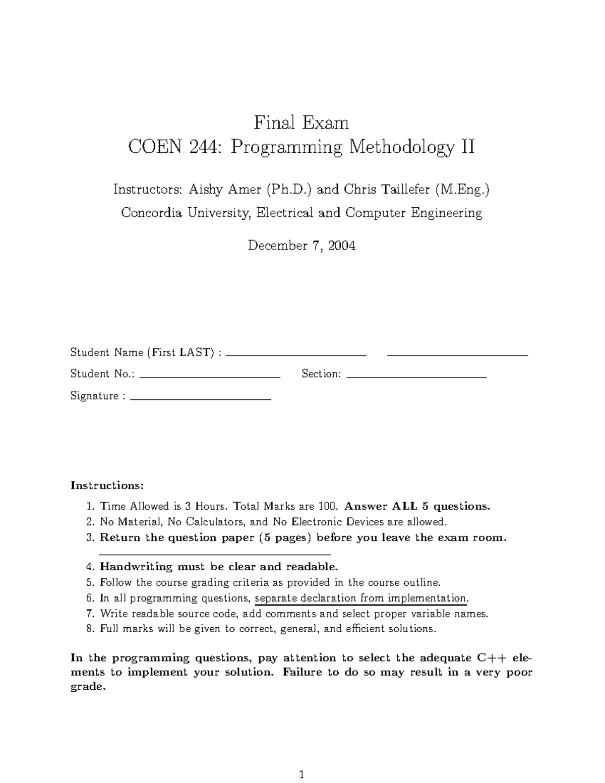 Final 2009, questions and answers - Final Exam COEN 244: Programming Methodology II Instructors ...