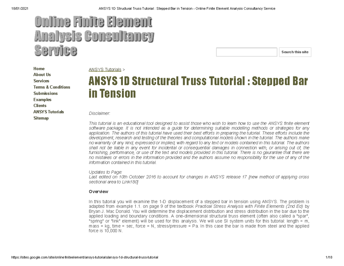 Ansys 1d Structural Truss Tutorial Stepped Bar In Tension Online Finite Elementonline Finite