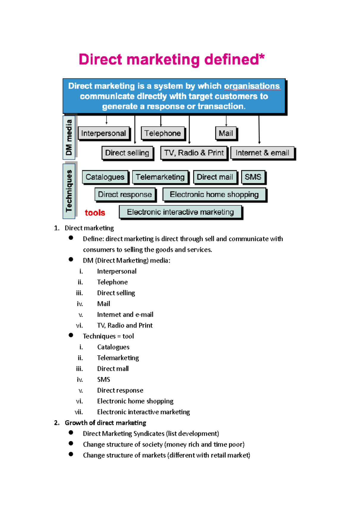 IMC summary lecture slides - Direct marketing Define: direct marketing ...