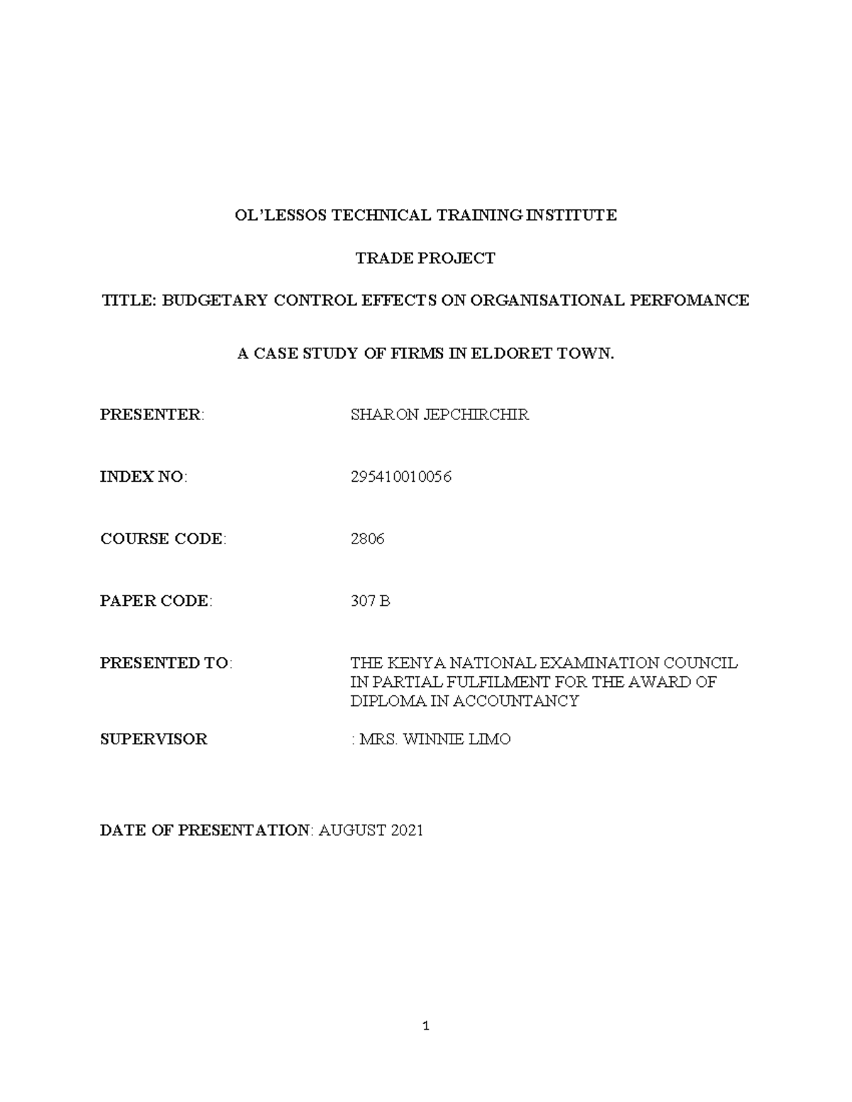 Sharon Trade Budgetary - OL’LESSOS TECHNICAL TRAINING INSTITUTE TRADE ...